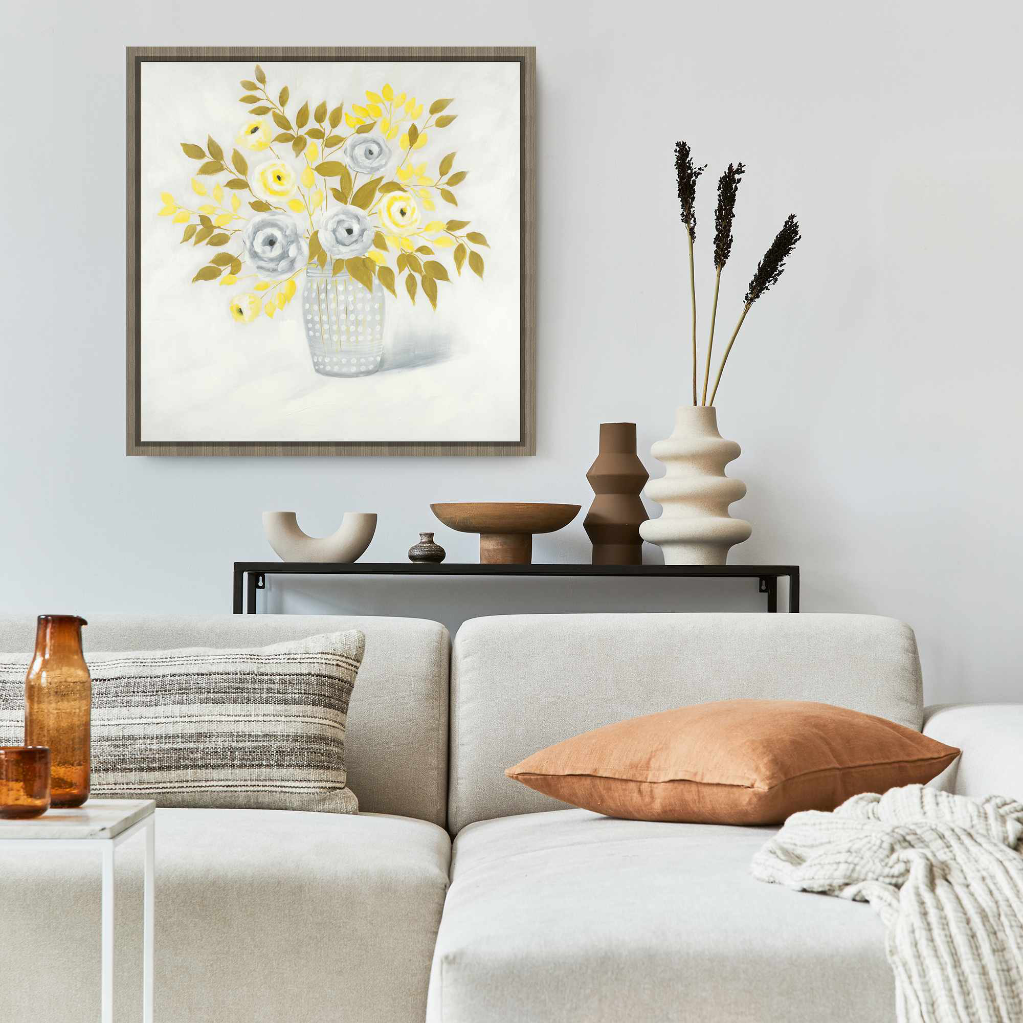 Lark Manor™ Blue and Yellow Flowers Vase | Gray Framed Canvas Decor ...