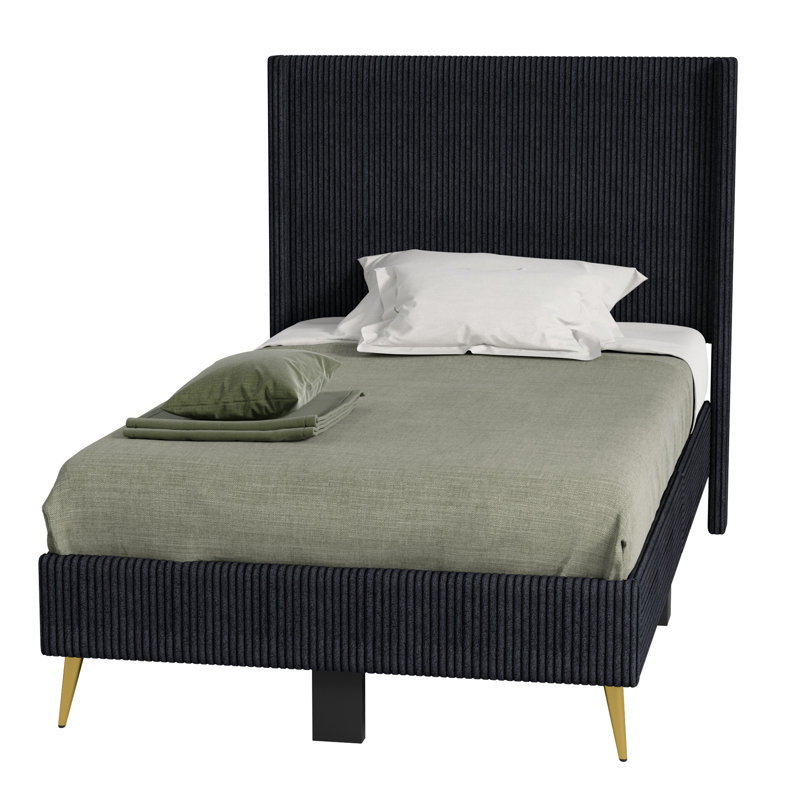 Mercer41 Shannock Corduroy Upholstered Wingback Bed With Gold Metal ...