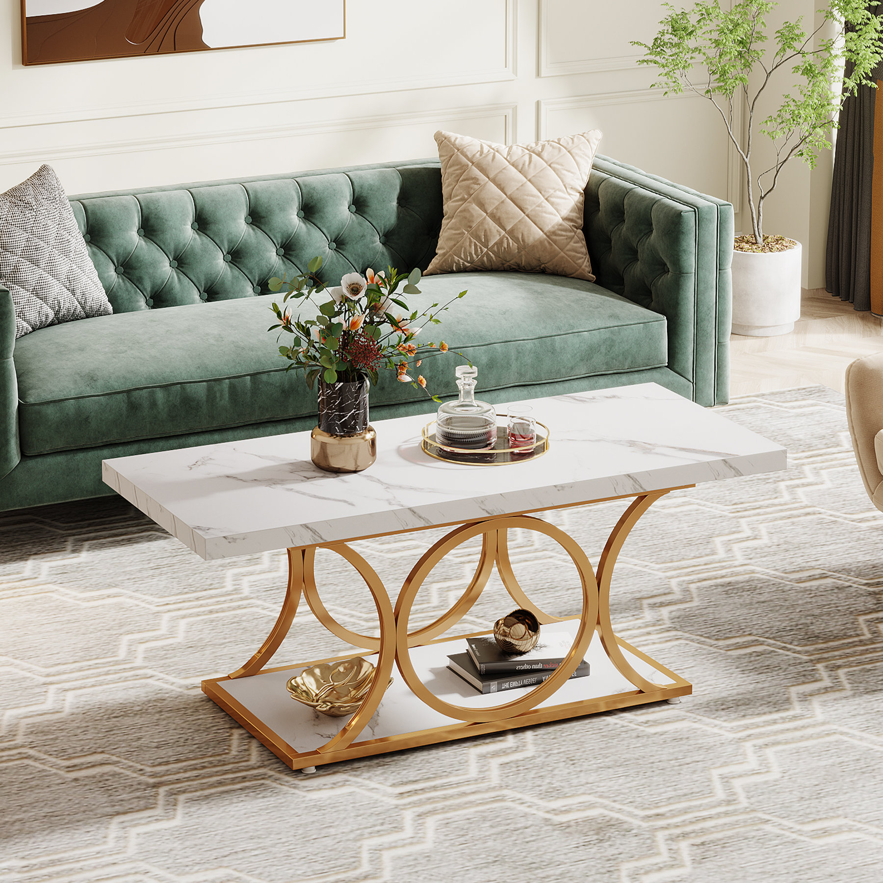 Mercer41 Mattheu Modern Rectangle Coffee Table, 47.24" Faux Marble ...