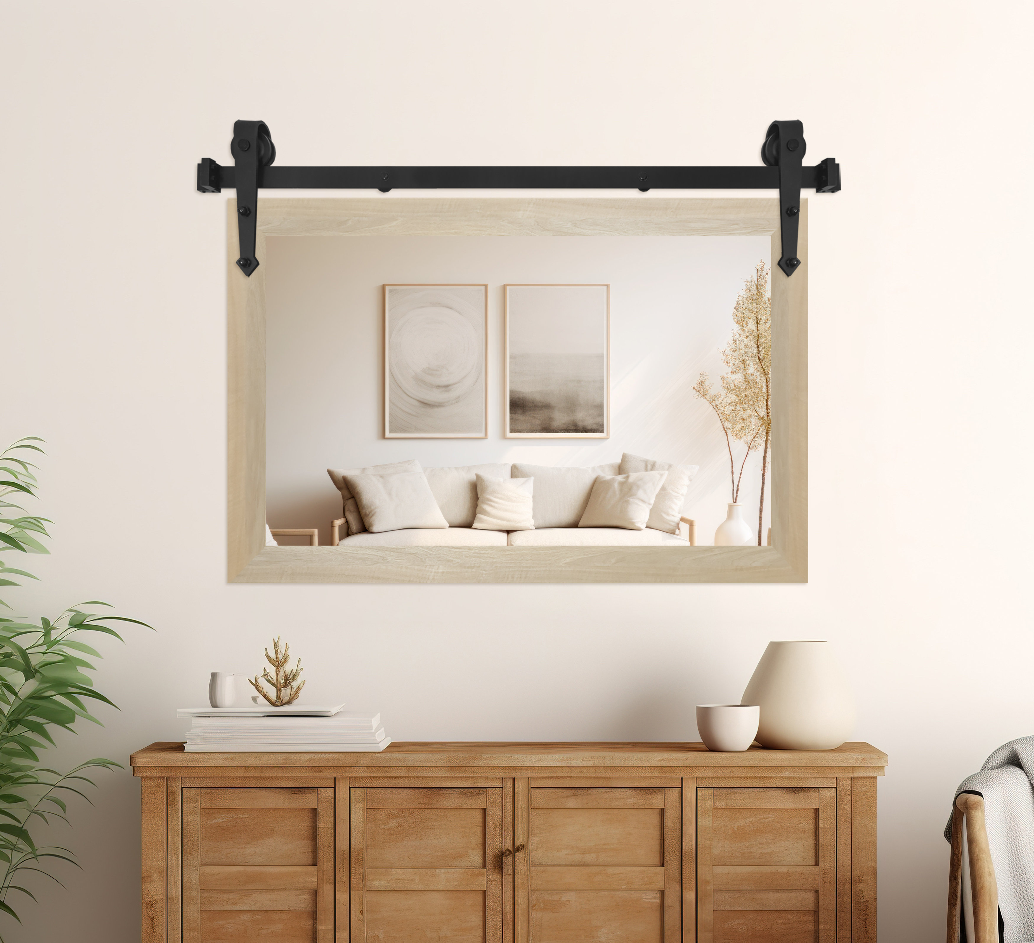 Gracie Oaks Modern Rustic Mirror with Steel Barn Door Track - Wayfair ...