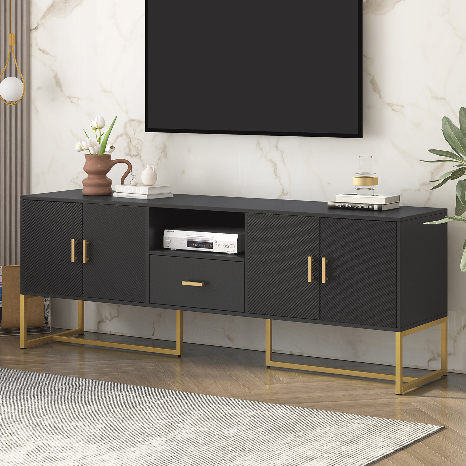 Mercer41 Stylish TV Stand with Multiple Compartments and Stable Metal ...