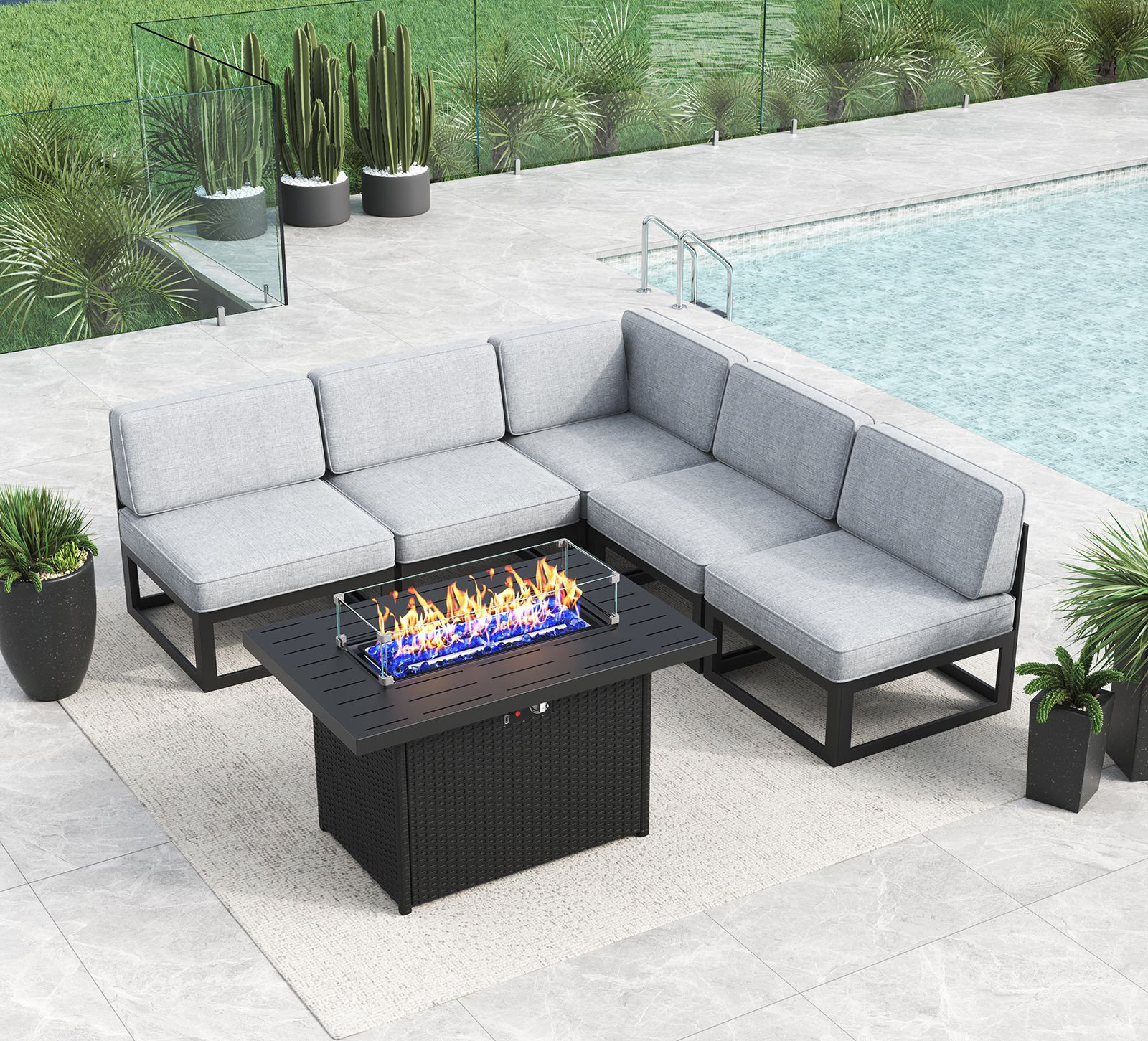 Latitude Run® 6 - Piece Outdoor Modular Sectional Set with Fire Table ...