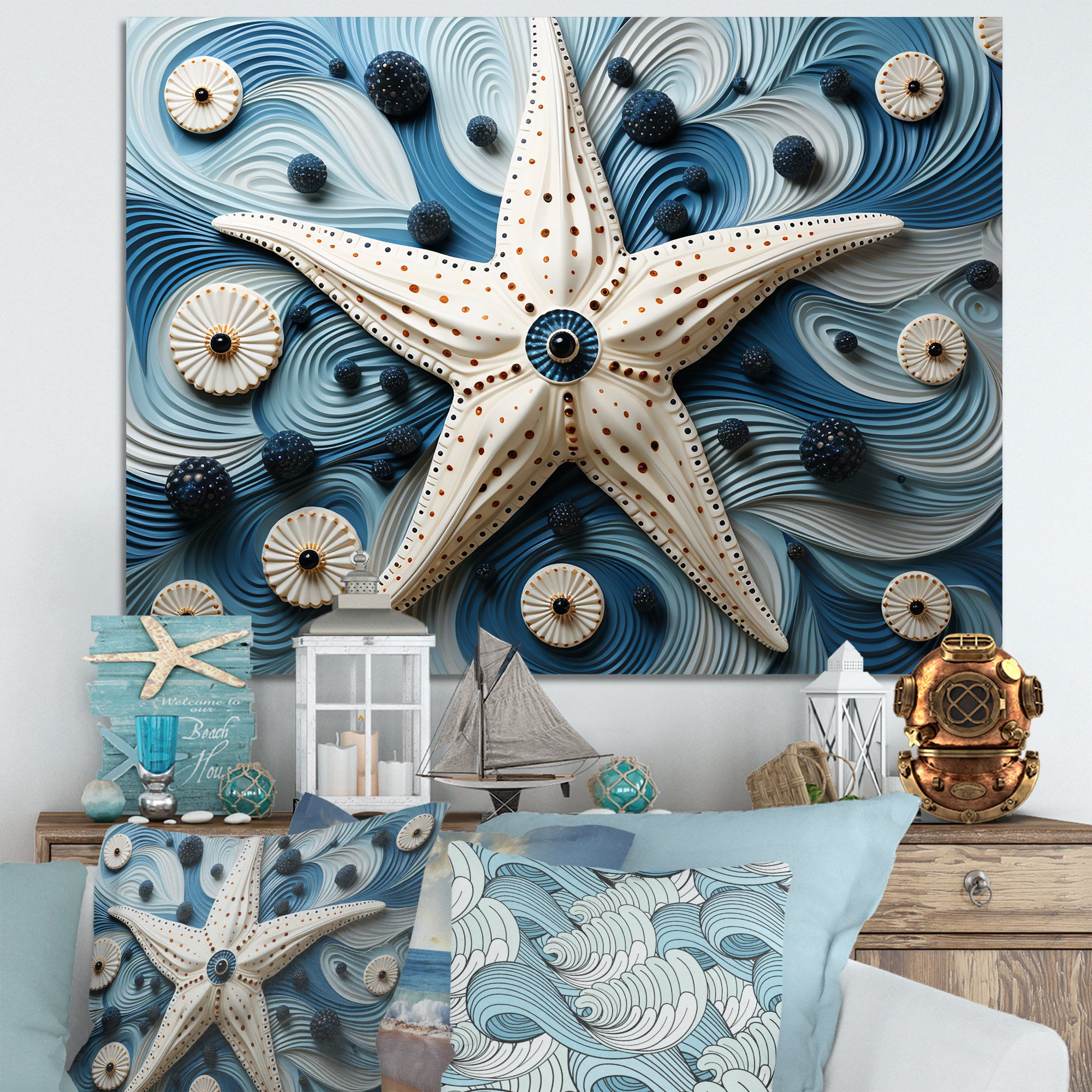 Highland Dunes Minimalism Starfish Blue And White I - Starfish Canvas ...