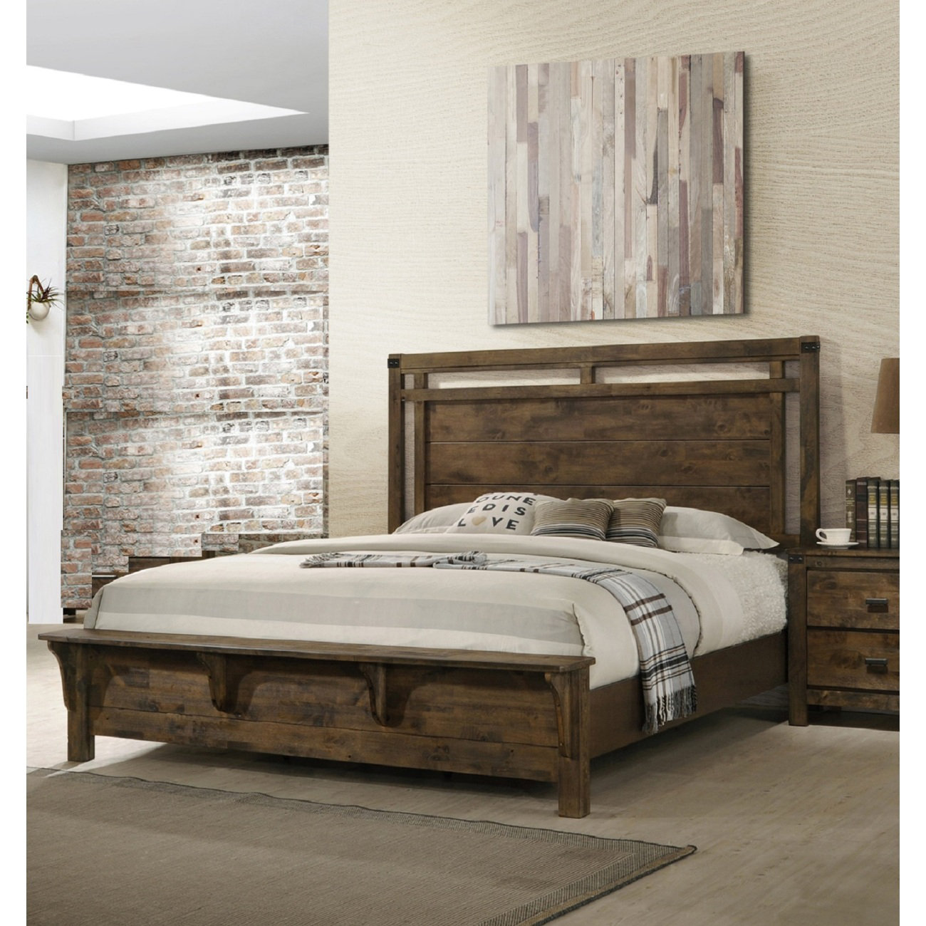 GZMWON 1Pc Rustic Industrial Style Brown Finish Panel Bed W Built In ...