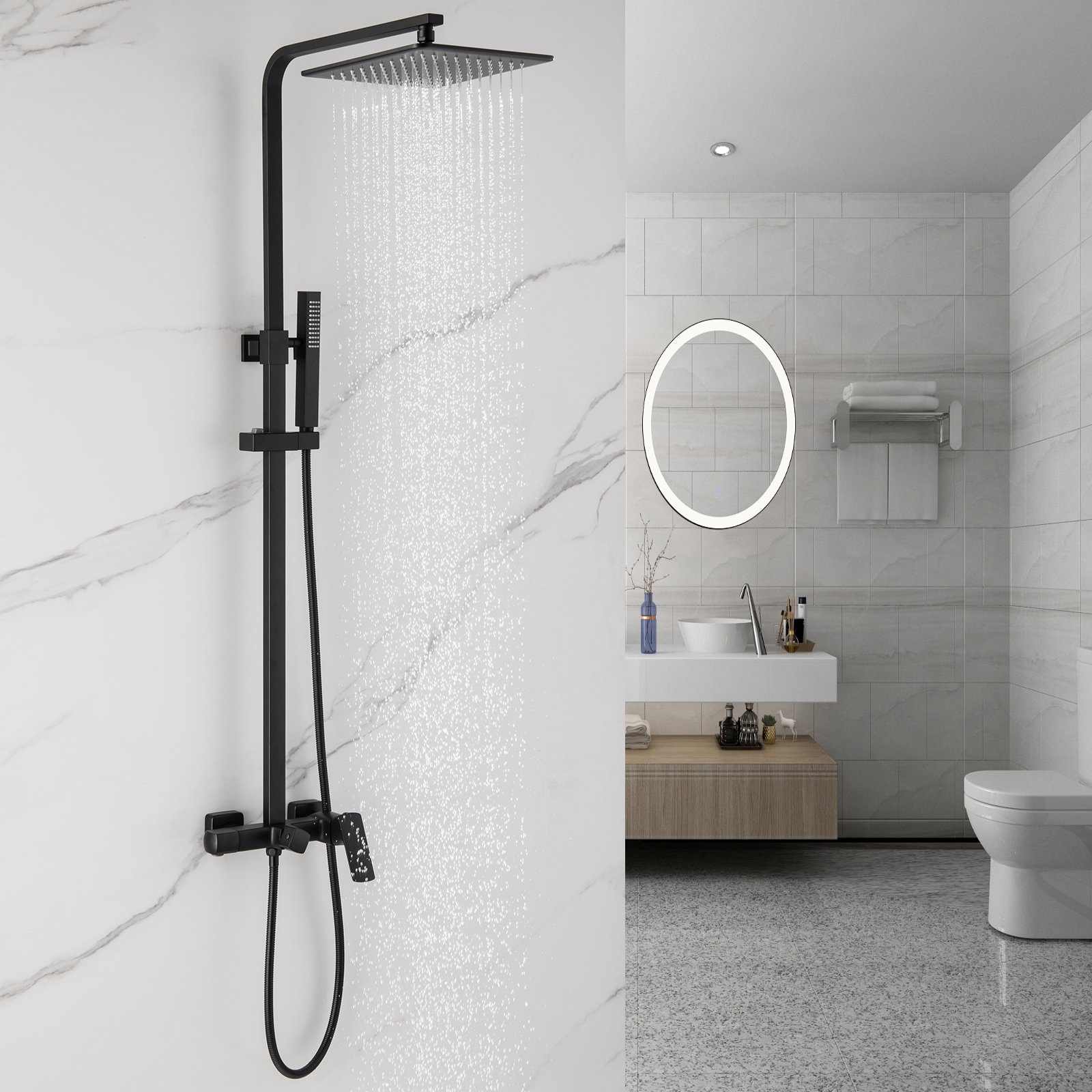 VanityIn Matte Black Wall Mounted Complete Shower System, Adjustable ...