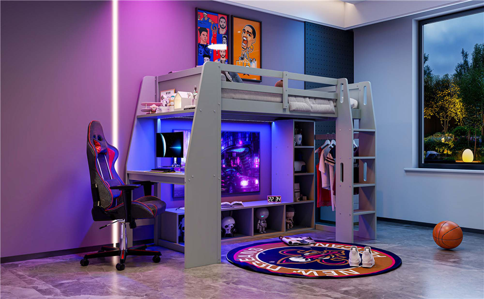 GROUPES Wood Gaming Loft Bed With Desk,Multi-Storage Shelves,LED And A ...