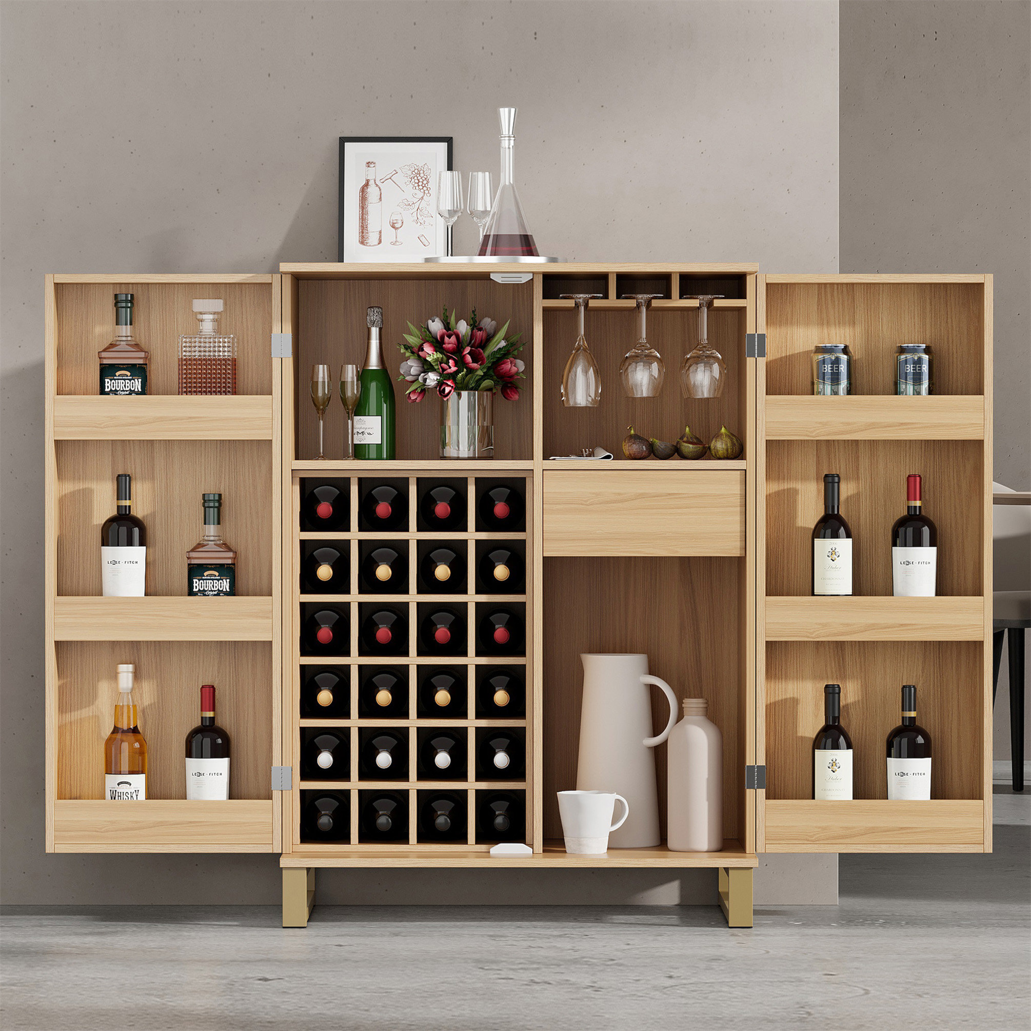 Ebern Designs 42.5" Modern Home Bar Cabinet Carved Wine Cabinet With ...