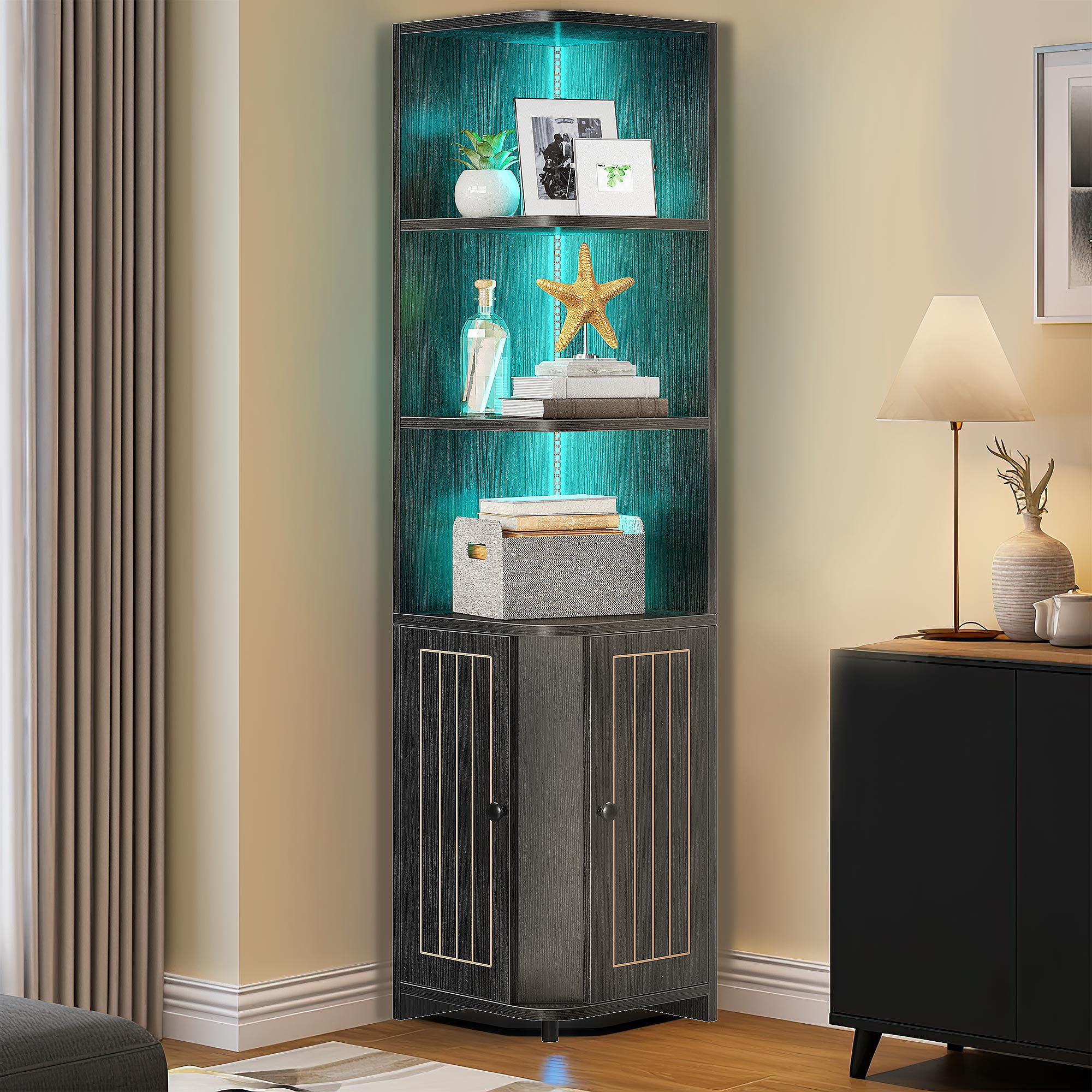 Wade Logan® Bloem 71“ Corner Cabinet with LED Lights, Corner Bookshelf ...