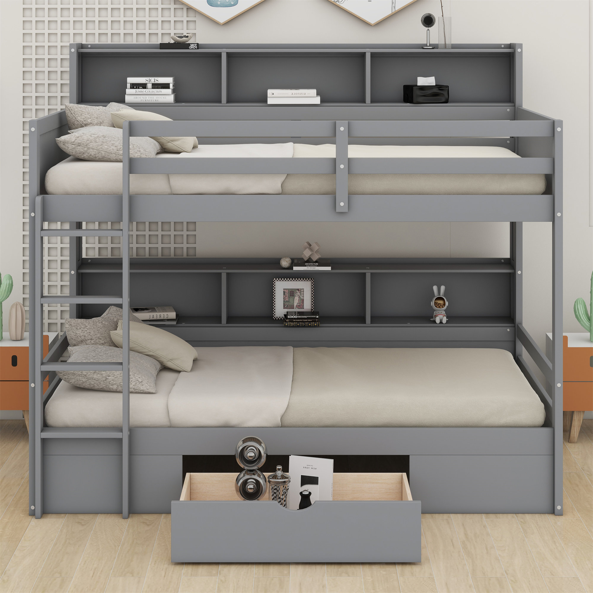 Harriet Bee Bunk Bed With Built-In Shelves Beside Both Upper And Down ...