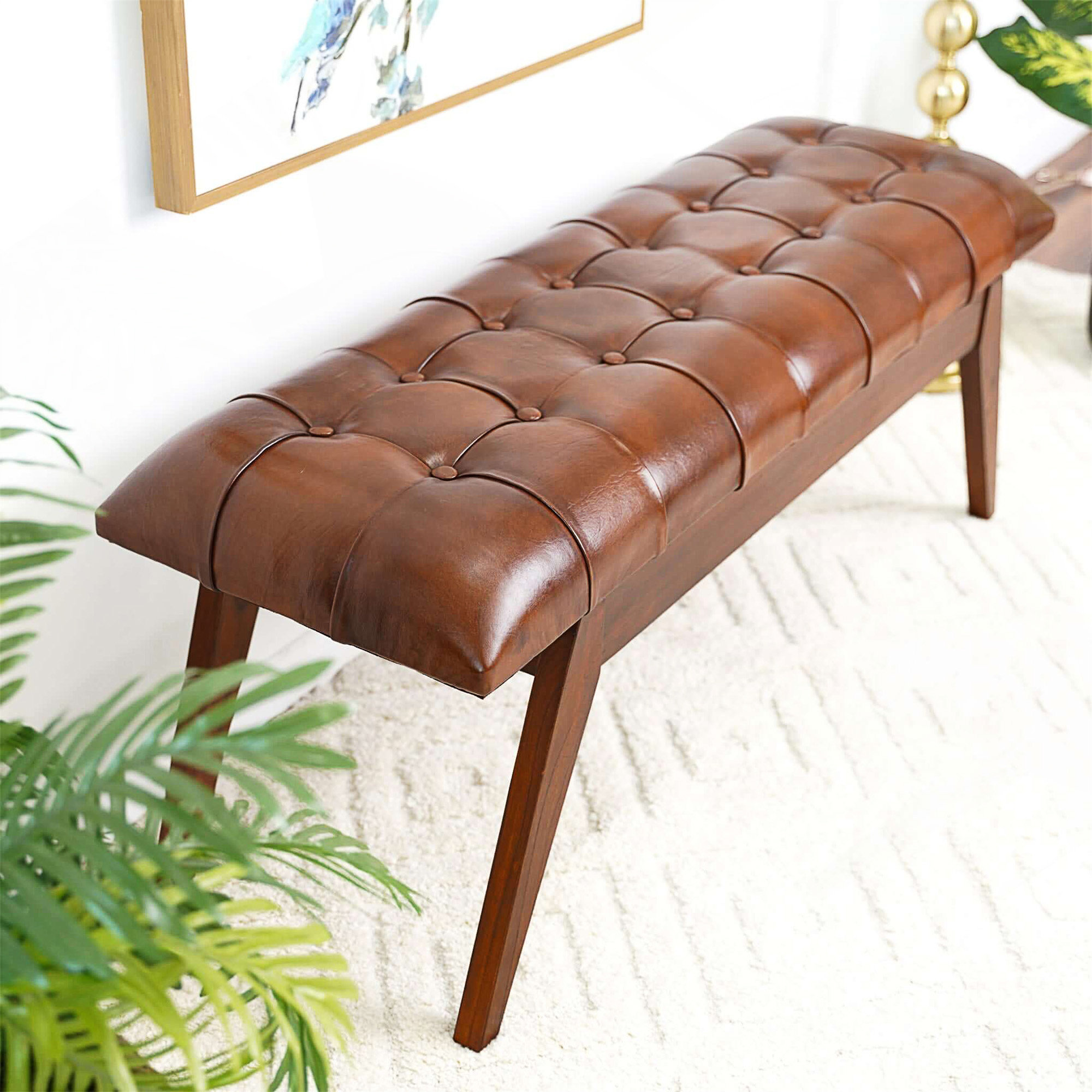 Corrigan Studio Maja Mid Century Modern Tan Leather Bench - Wayfair Canada