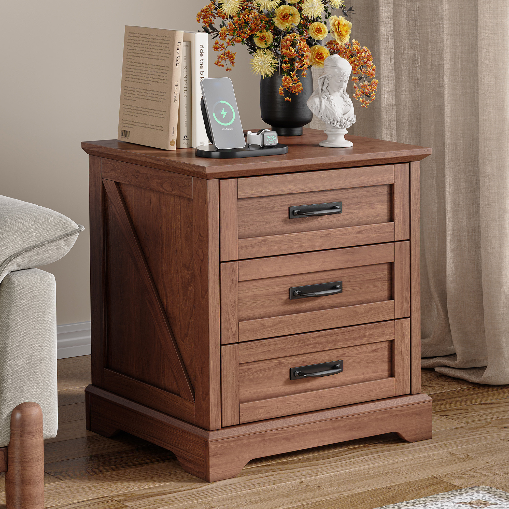 August Grove® Farmhouse Nightstand with Charging Station, 3 Drawers ...