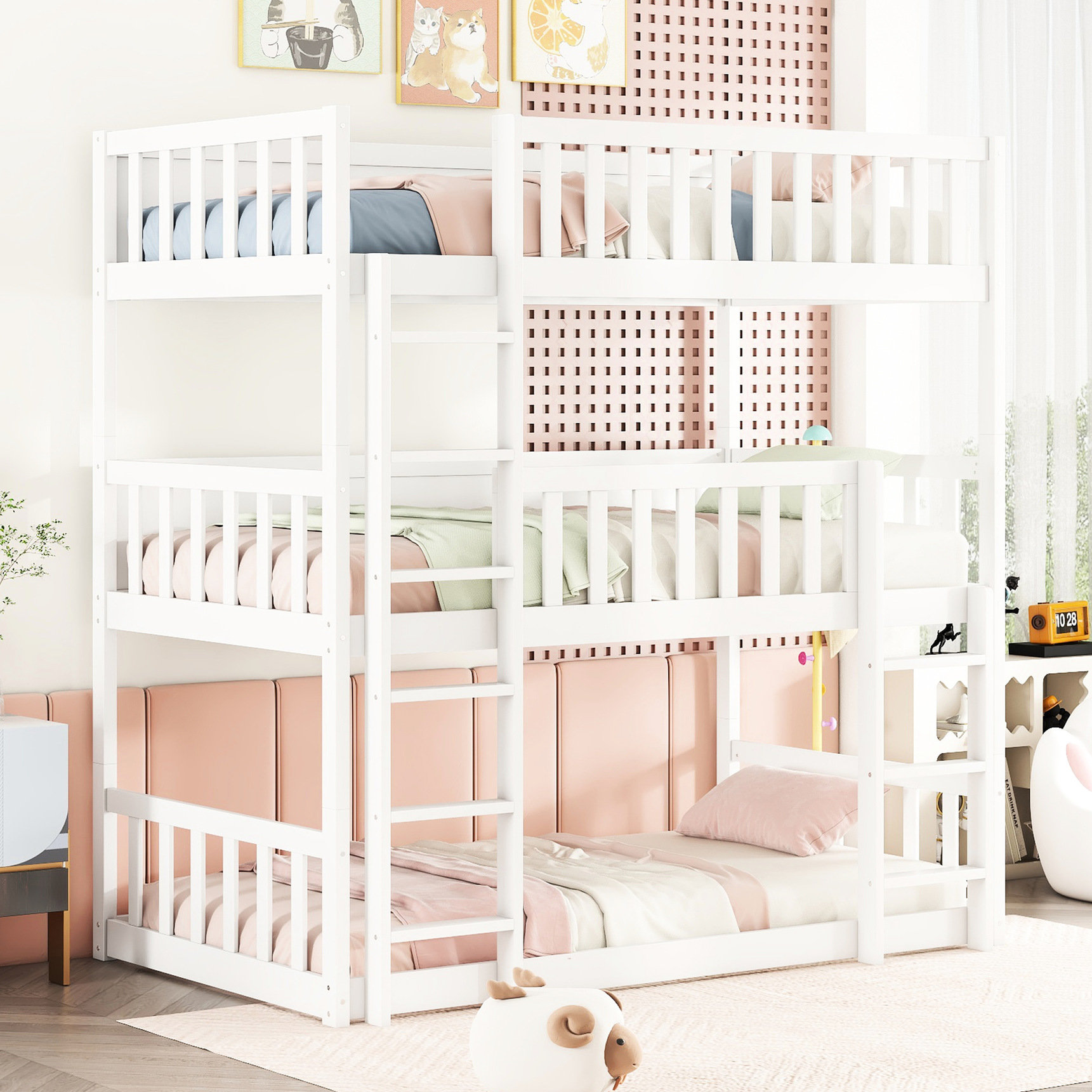 Harriet Bee Rubber Wood Triple Bunk, White Oak Appearance Bunk Bed, Color | Wayfair