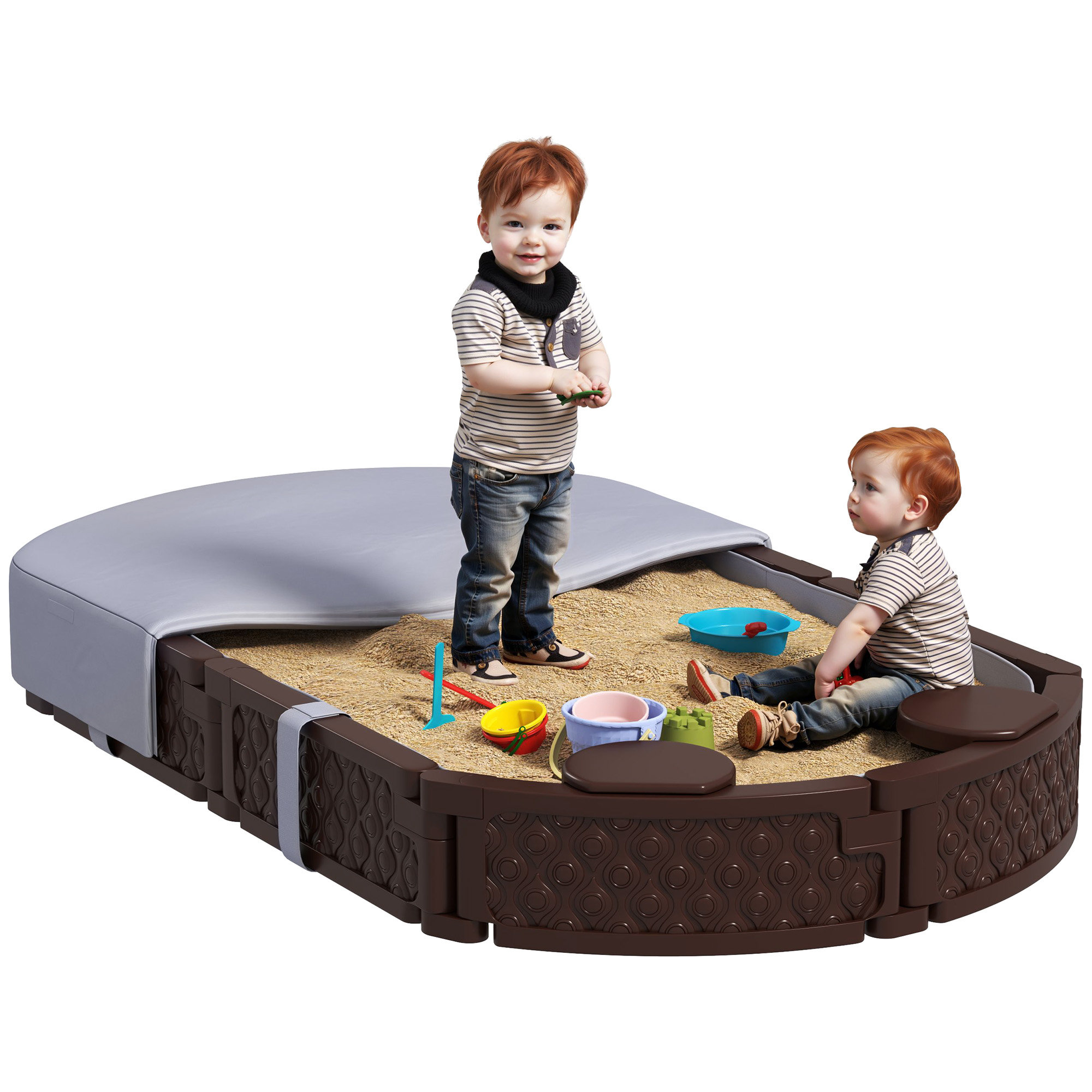 Qaba Sandbox for Kids, Outdoor Sand Pit with Cover, Built-in Seating ...