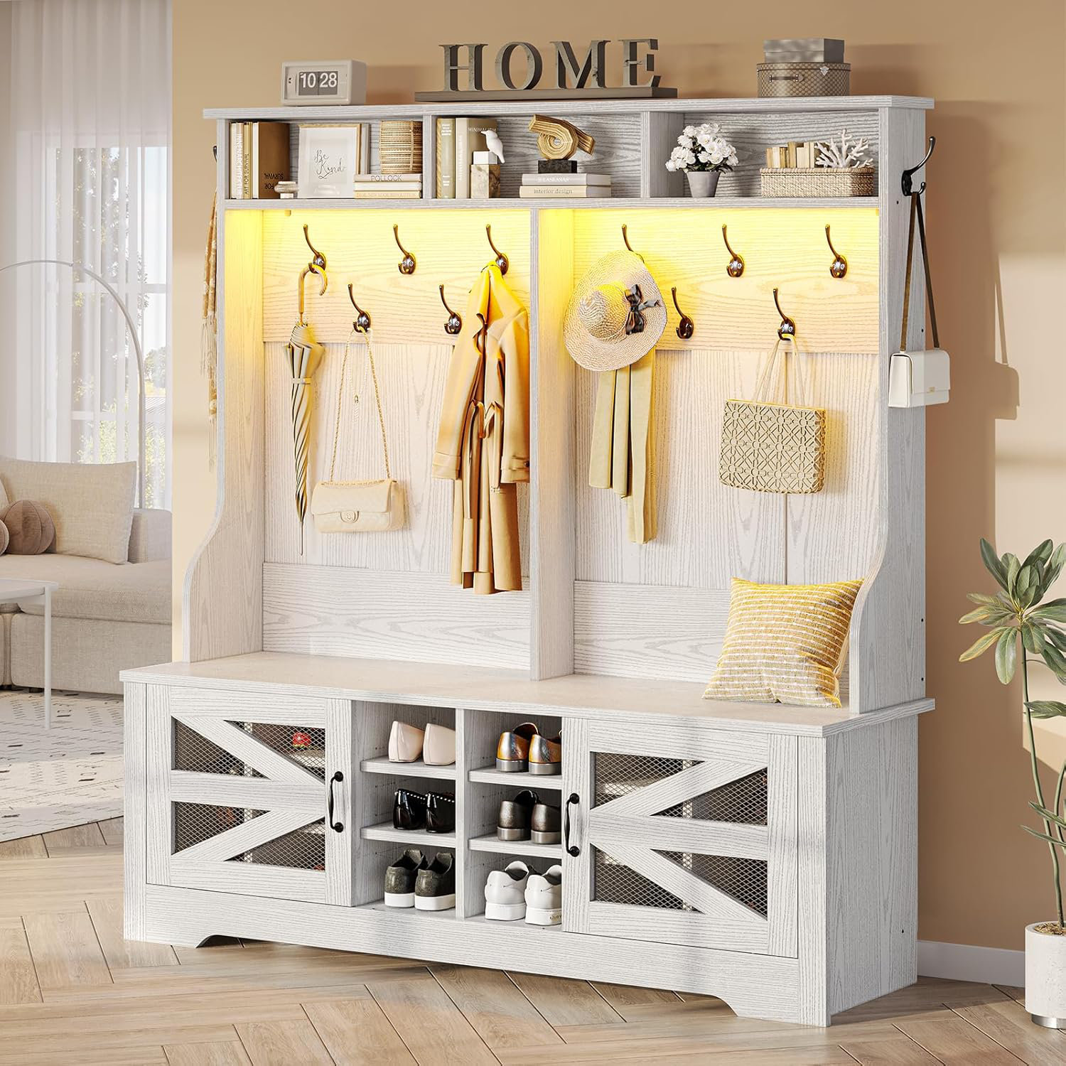 Gracie Oaks Hall Tree With Bench And Shoe Storage, 5-In-1 Entryway ...