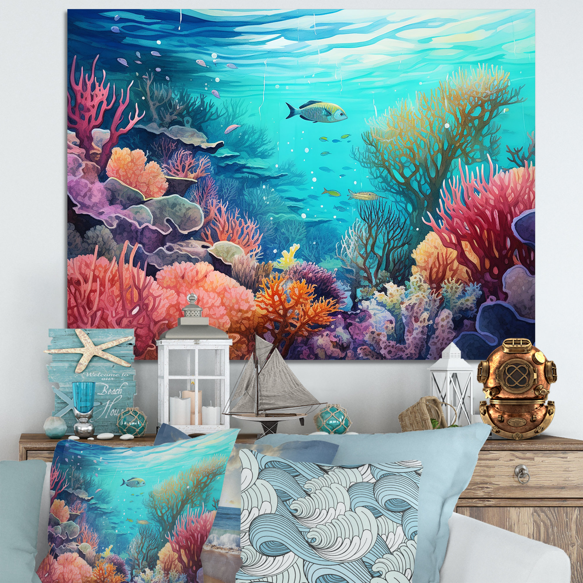 Design Art Pink And Blue Under Water Coral Wold II - Beach & Ocean ...