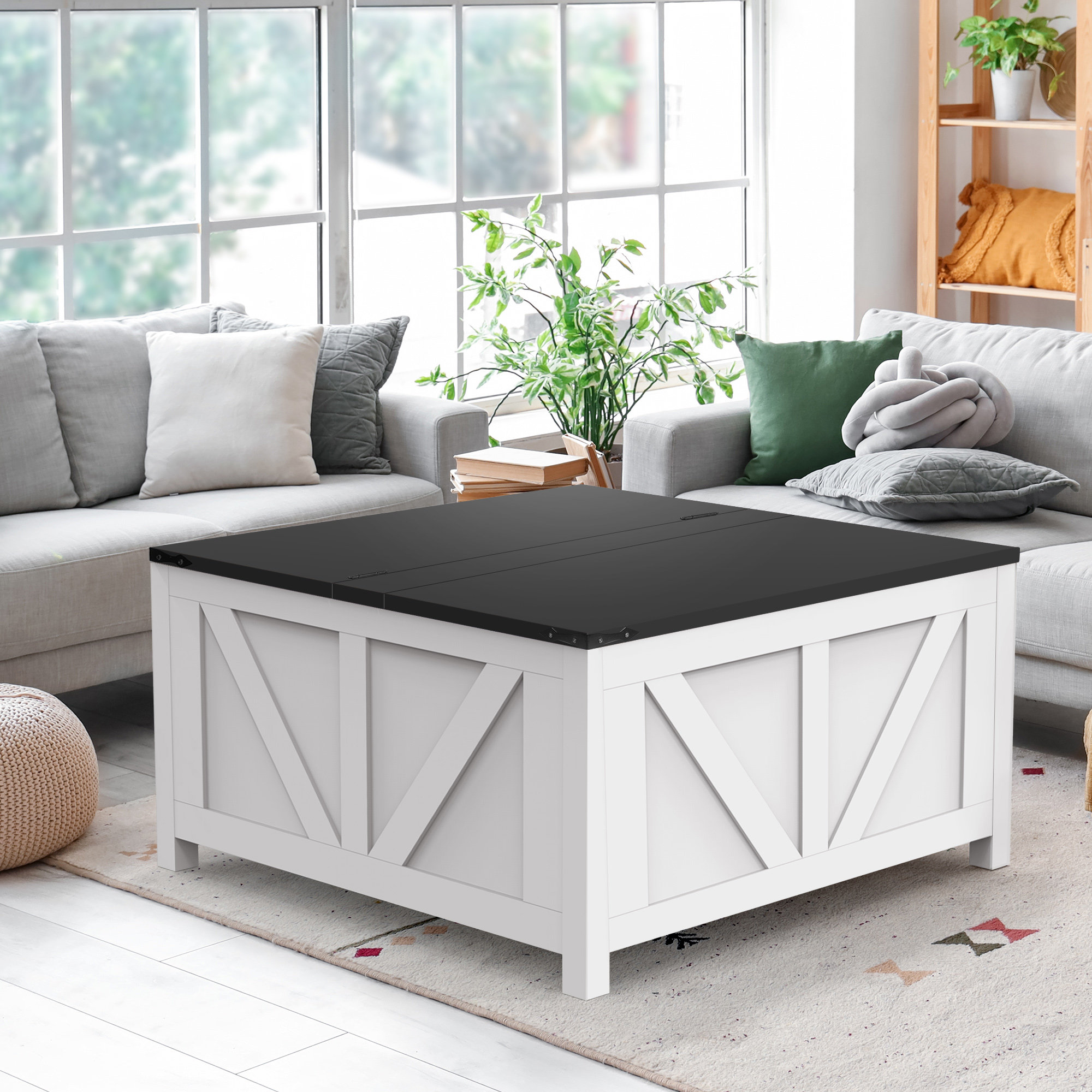 August Grove Farmhouse Square Storage Coffee Table With Hinged Lift Top ...
