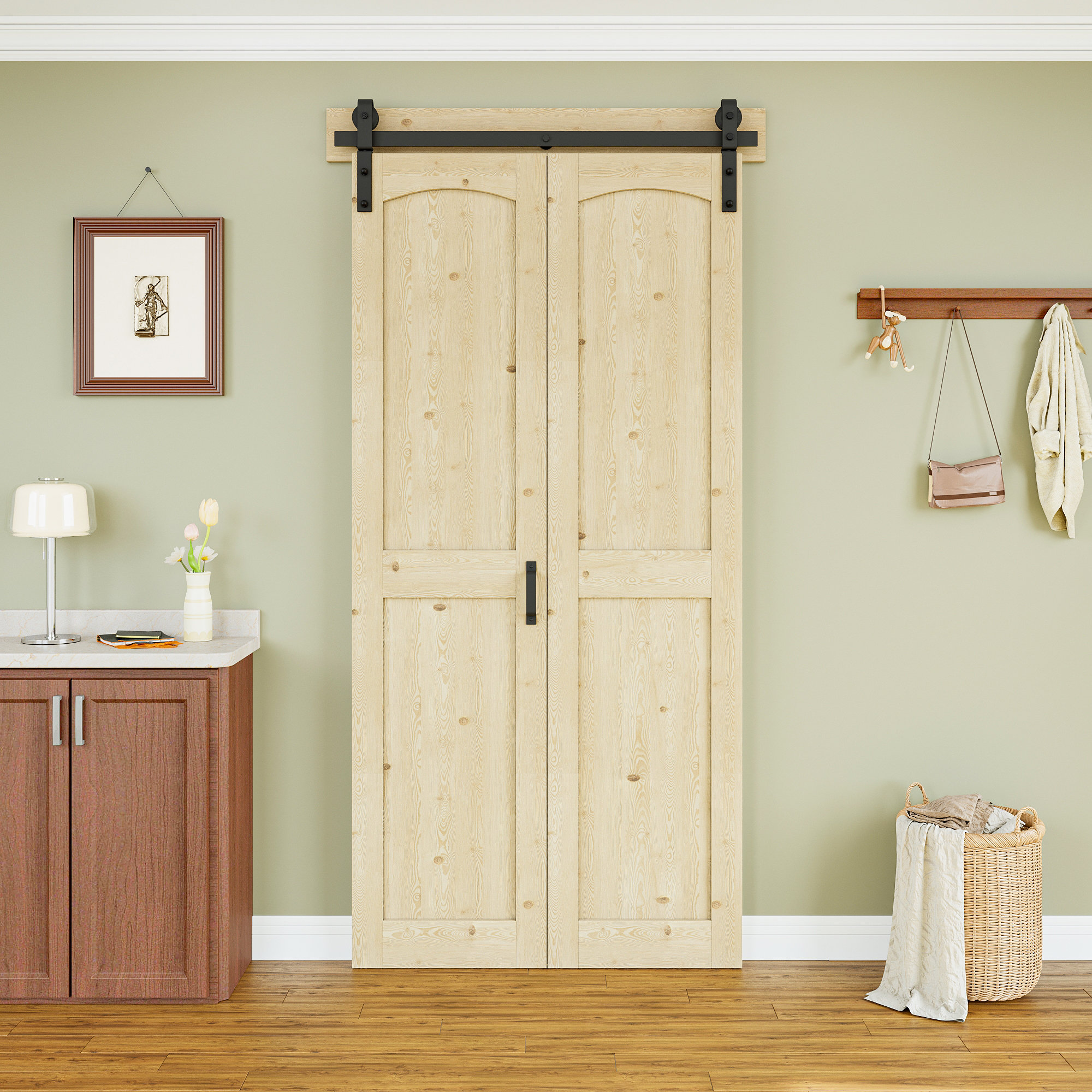 ARK DESIGN 84" H Plank Shape Pine Wood Unfinished Bi-Fold Barn Door ...