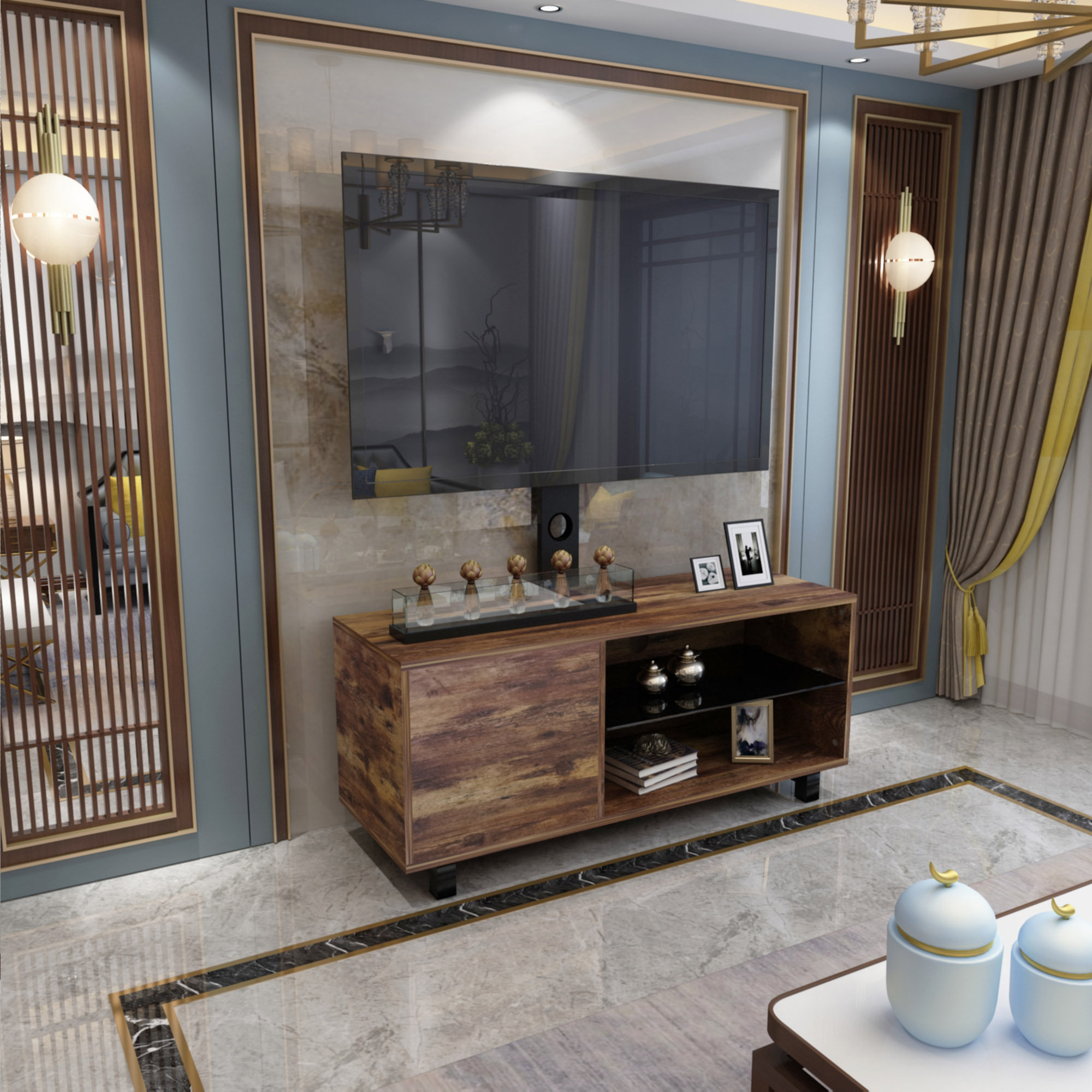 17 Stories Rustic Brown TV Console With Push-To-Open Storage Cabinet ...