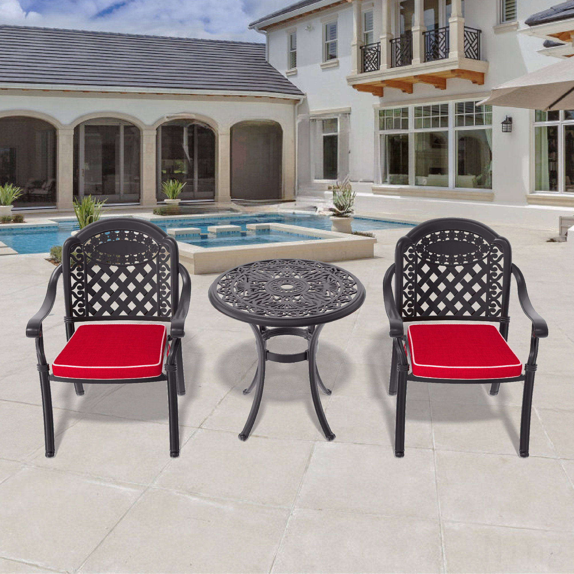 Astoria Grand 3-Piece Set Of Cast Aluminum Patio Furniture, With Black ...