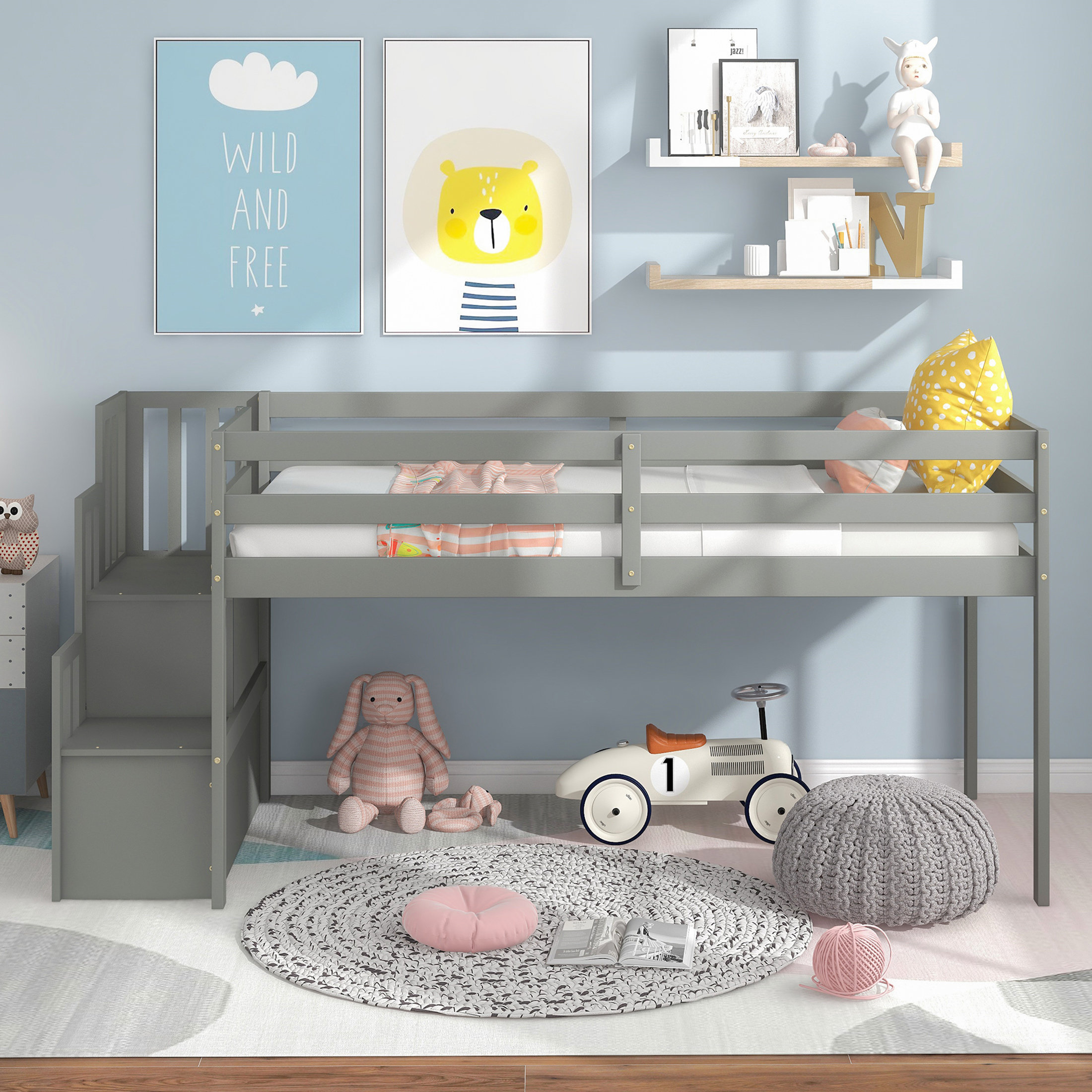 George Oliver Loft Bed With Staircase , Grey | Wayfair