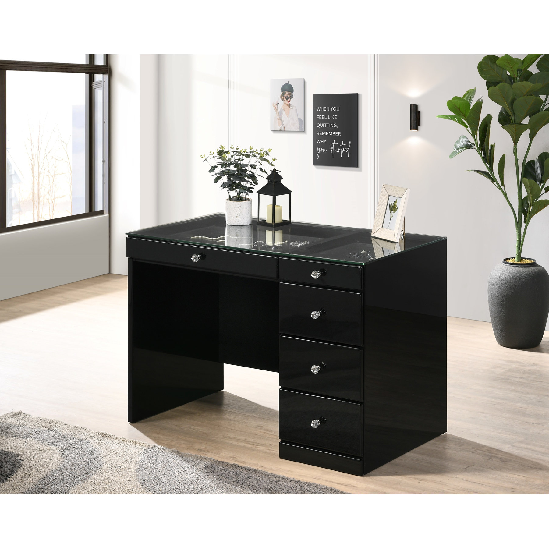 Latitude Run® Led Lighted Mirror Black Makeup Vanity With 5 Drawers ...