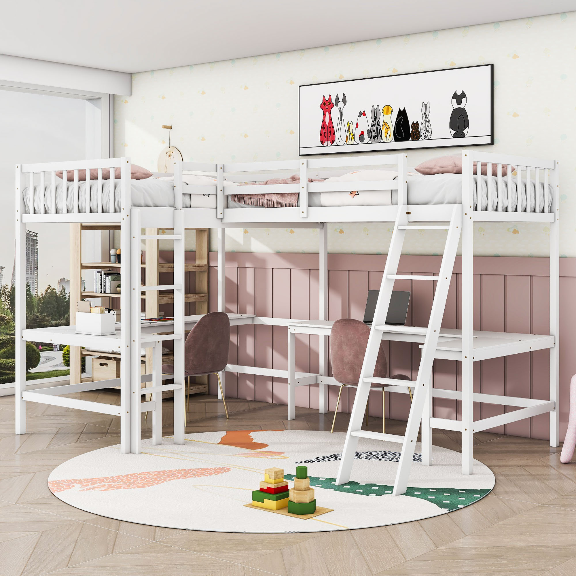 Harriet Bee Kialan Twin And Twin L-Shaped Loft Bed With Dual Built-In ...