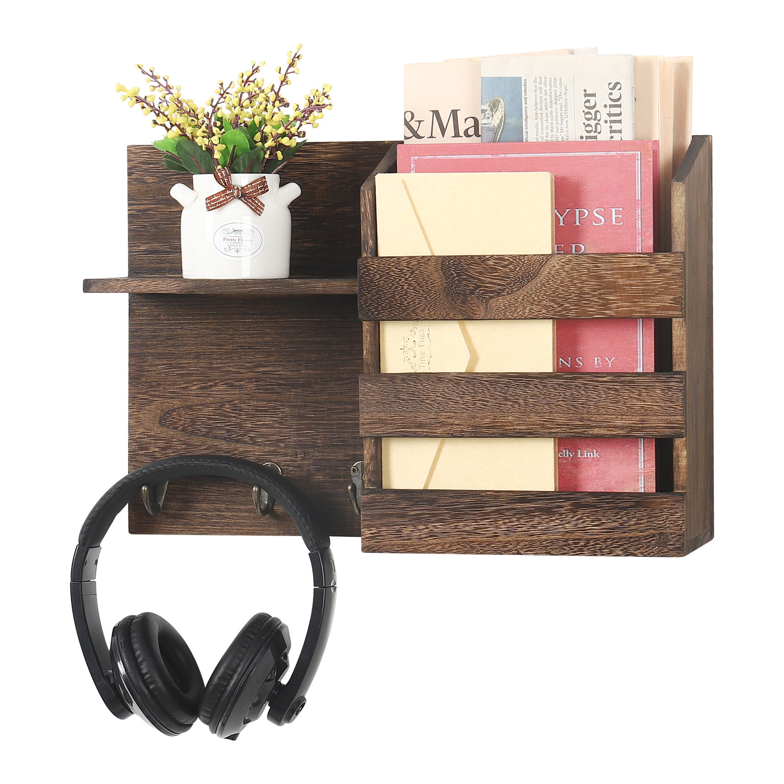 Gracie Oaks Wall Vintage Wooden Mail Shelf With 3 Key Hooks, Rustic ...