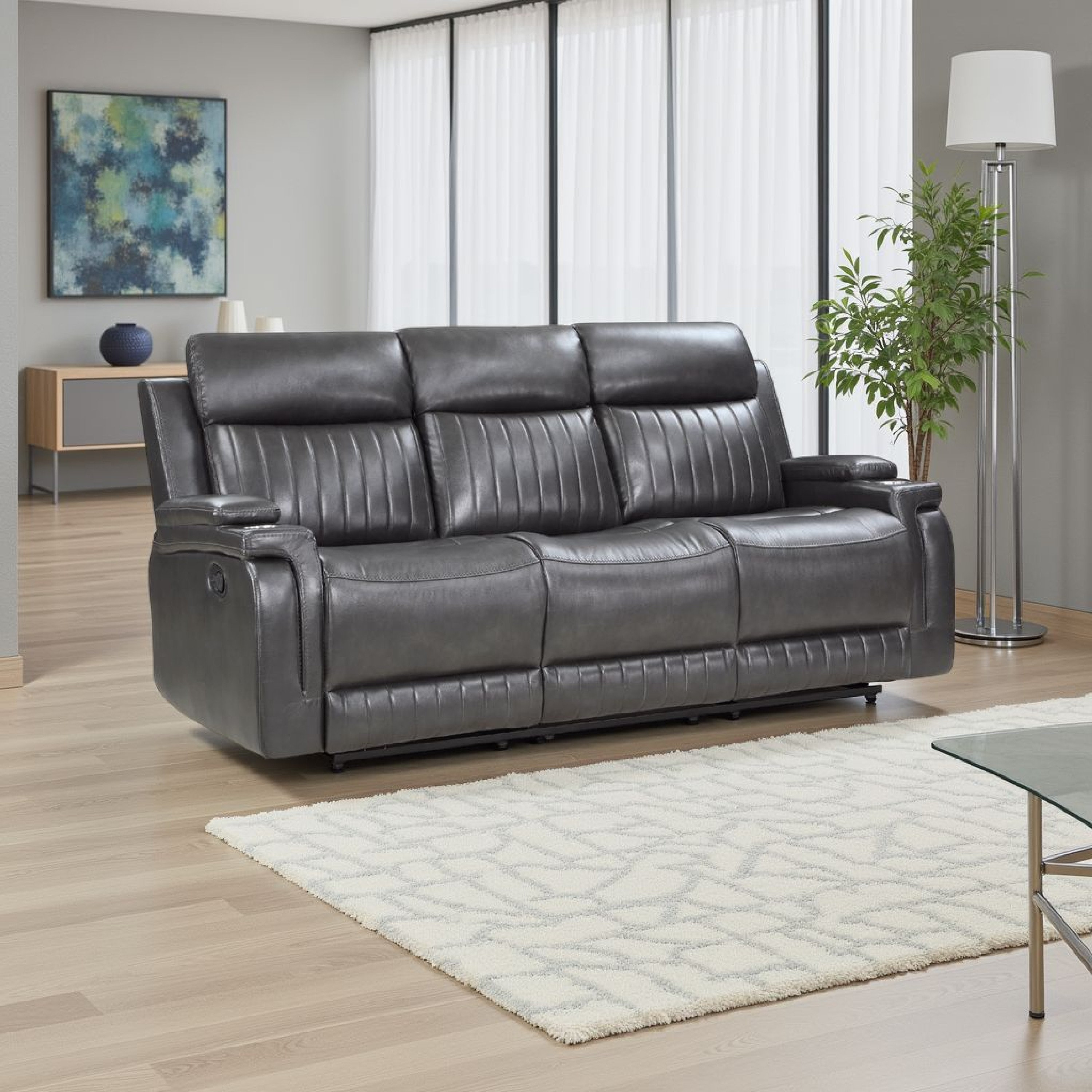 Benjara Jolo Manual Recliner Sofa, Drop Table, 82 Inch, Gray Faux ...