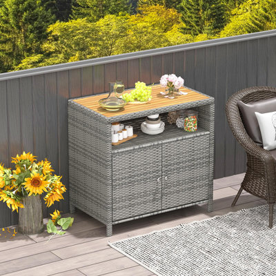 Outsunny Wicker Outdoor Storage Cabinet, Rattan Outdoor Bar Table with ...