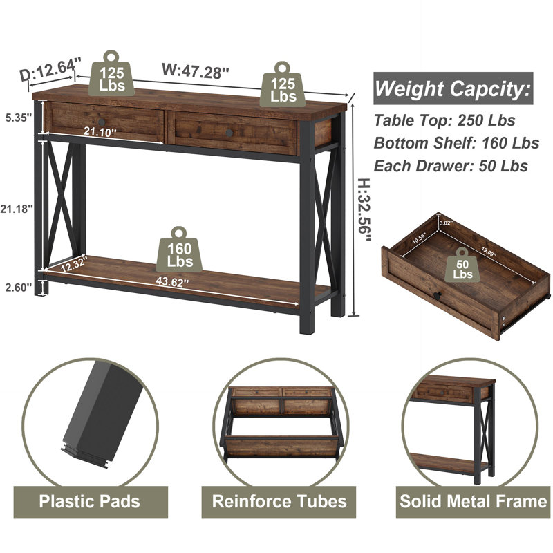 17 Stories Aust 47.24'' Console Table With Drawers, Wood And Metal Sofa ...