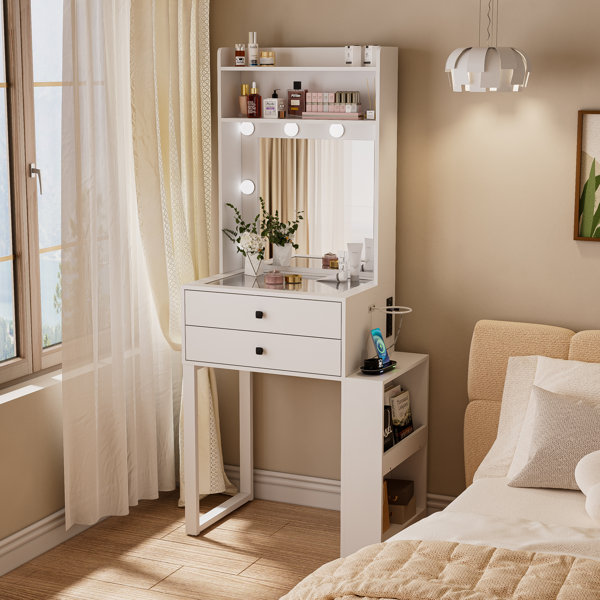 Latitude Run® Compact Makeup Vanity Desk With Lighted Mirror And ...