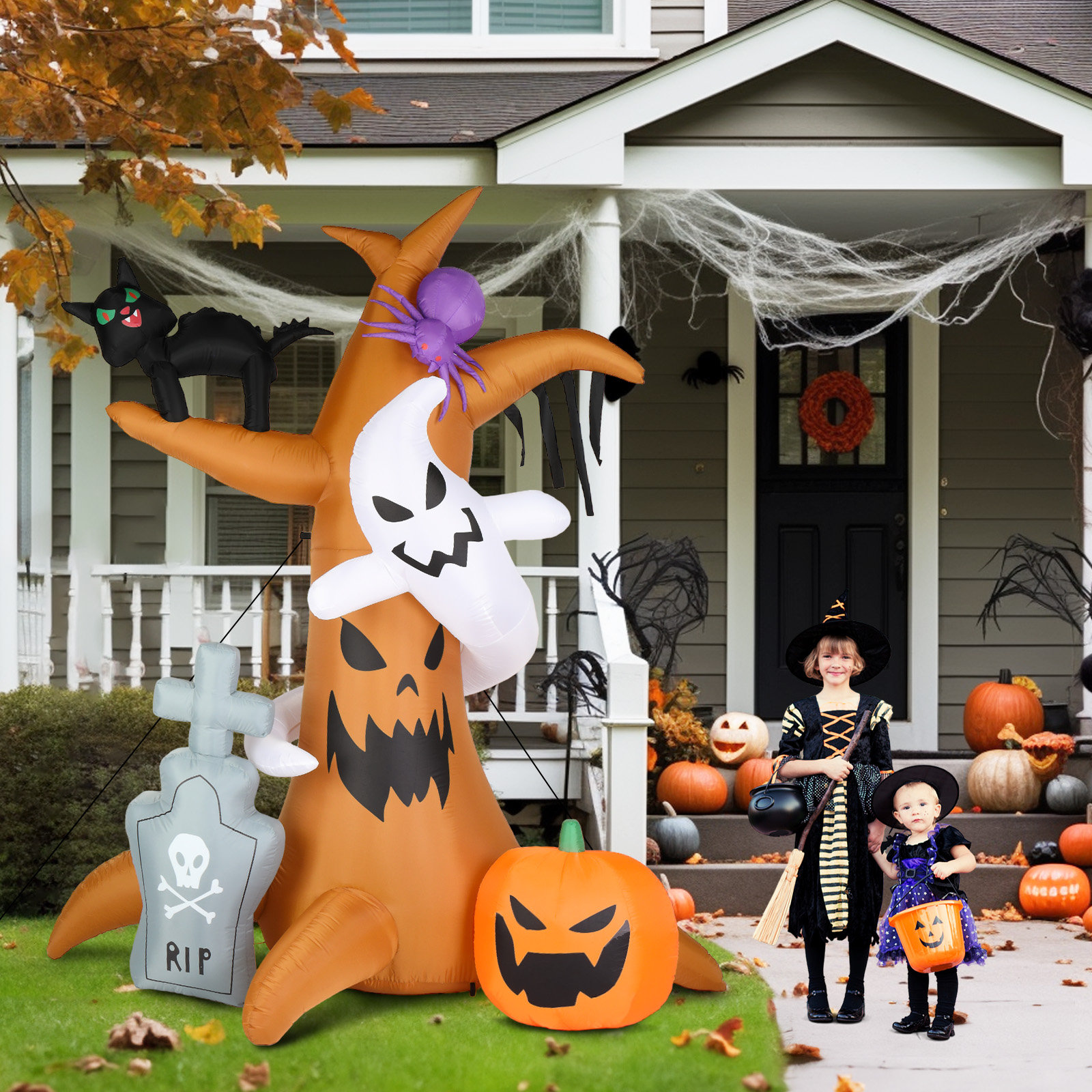 The Holiday Aisle® Outdoor Halloween Inflatable Ghost Pumpkin Tree ...