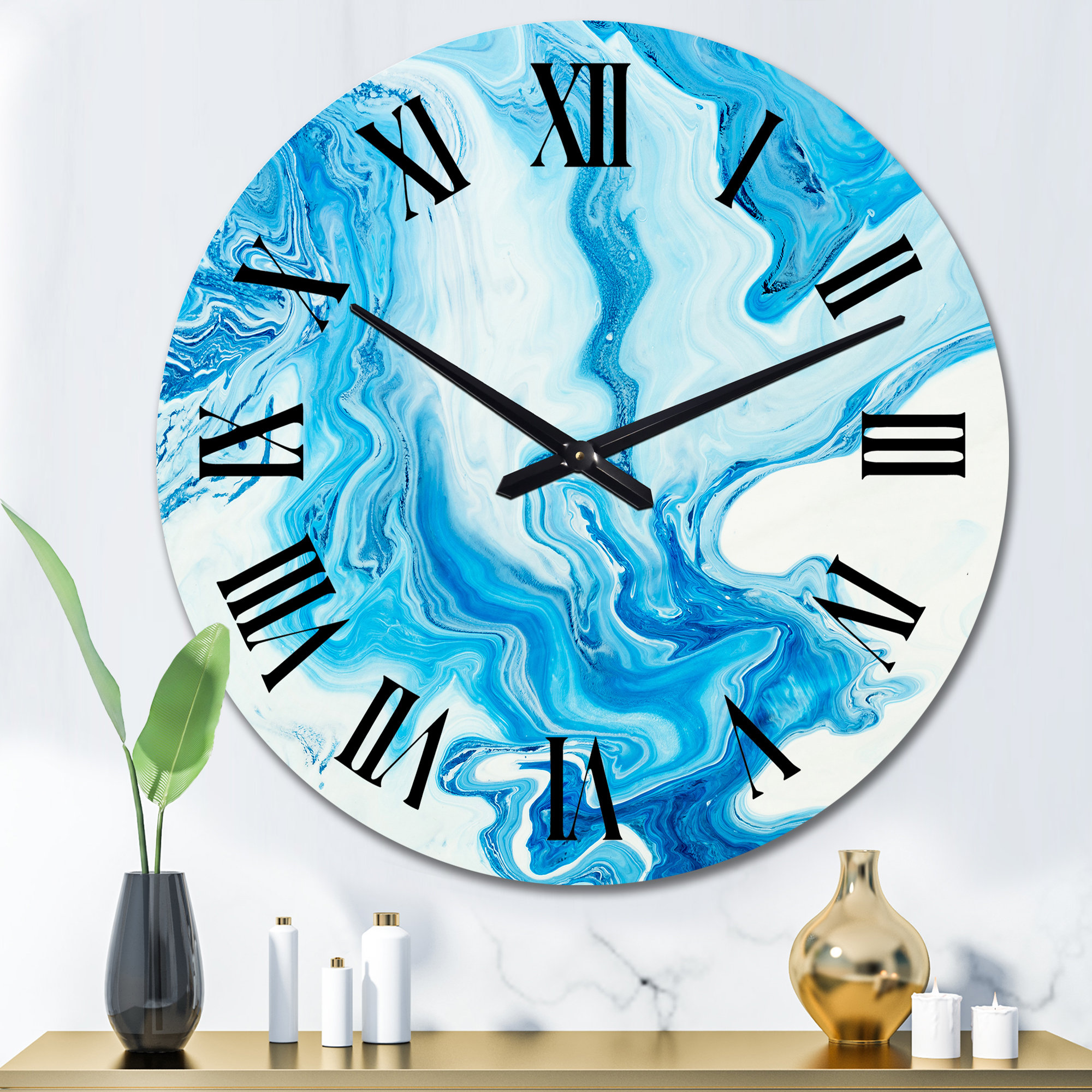 East Urban Home Blue and White Liquid ink Art I - Modern Wall Clock ...