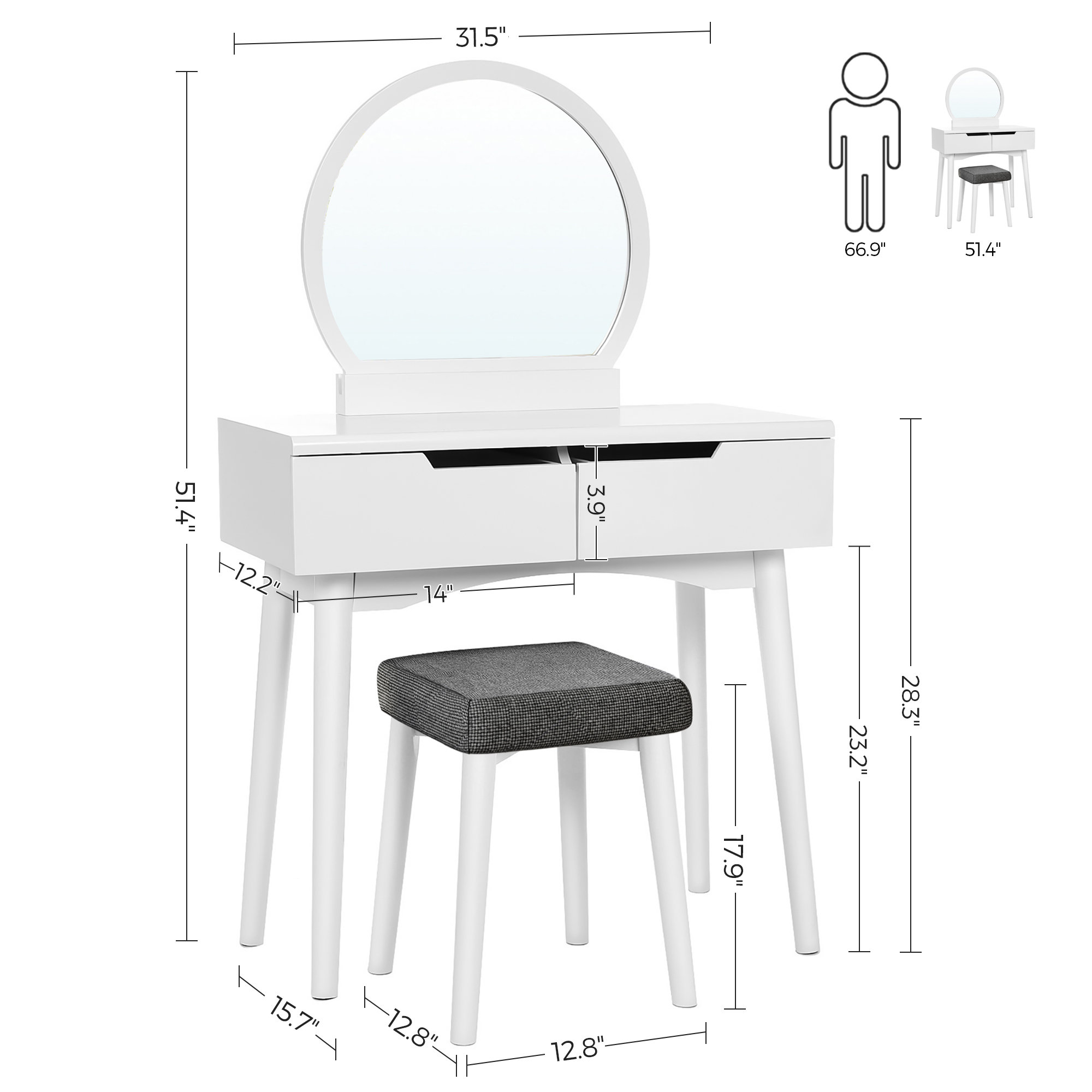 Wrought Studio™ Arinze Vanity Set with Stool and Mirror & Reviews | Wayfair