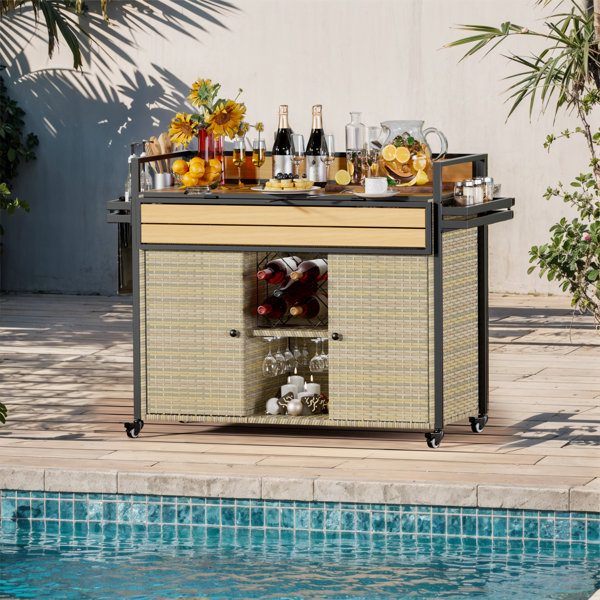 Bay Isle Home™ Asaria XL Outdoor Kitchen Wicker Island Rolling Cart Bar ...