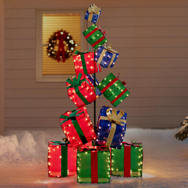 Sunjoy 63 inch Christmas Lighted Stacked Gift Box, 3D Tinsel Santa ...