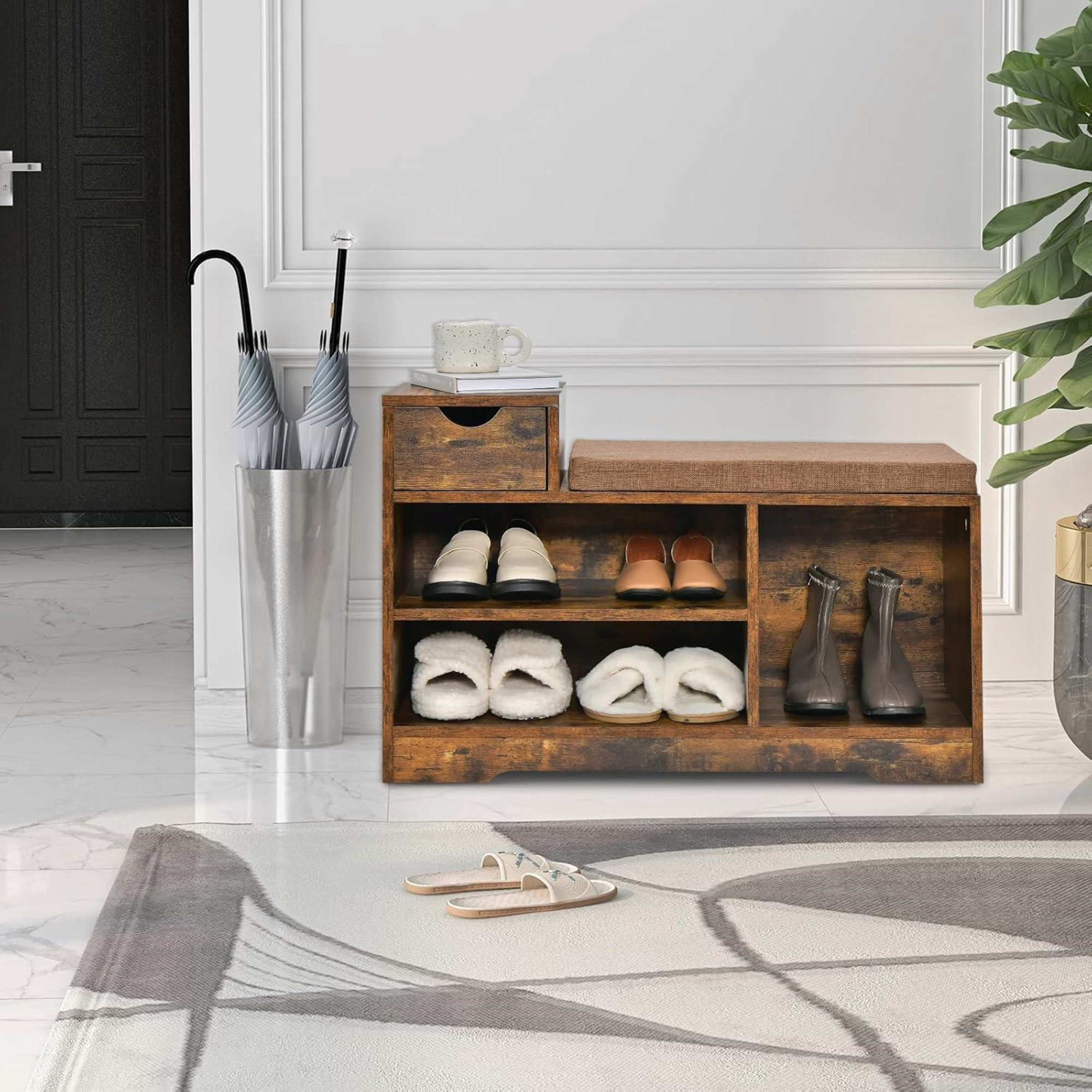 Hokku Designs Shoe Rack Bench With Cushion Seat, 2-Tier Shoe Storage ...