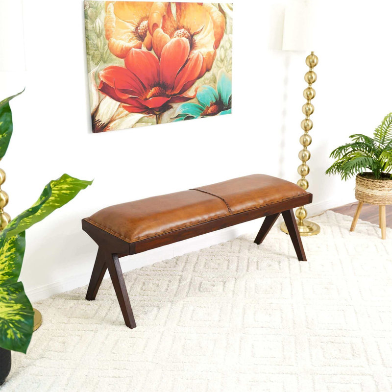 Corrigan Studio® Chad Mid Century Modern Tan Leather Bench | Wayfair