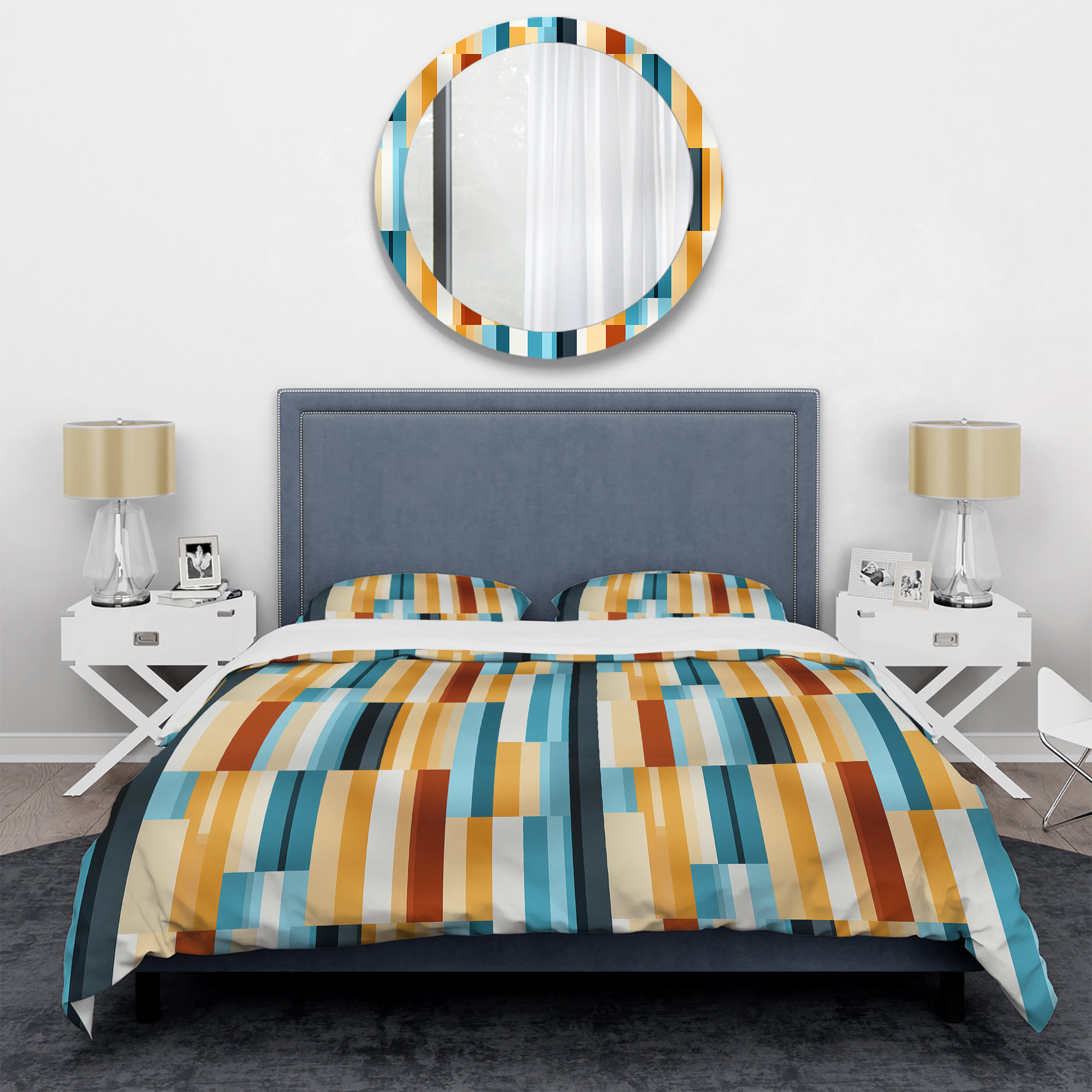 Design Art Yellow And Blue Striped Lines Cube Pattern - Striped Duvet ...