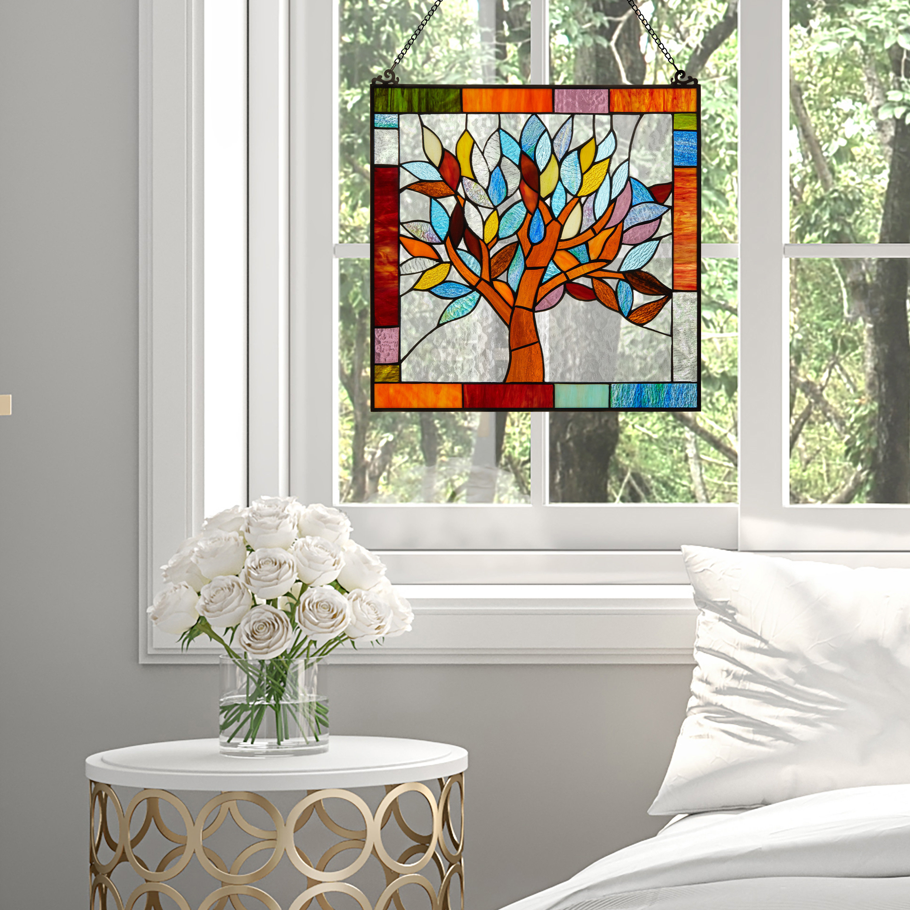 Fleur De Lis Living 18"H Tiffany Style-Stained Glass Mystical Tree ...