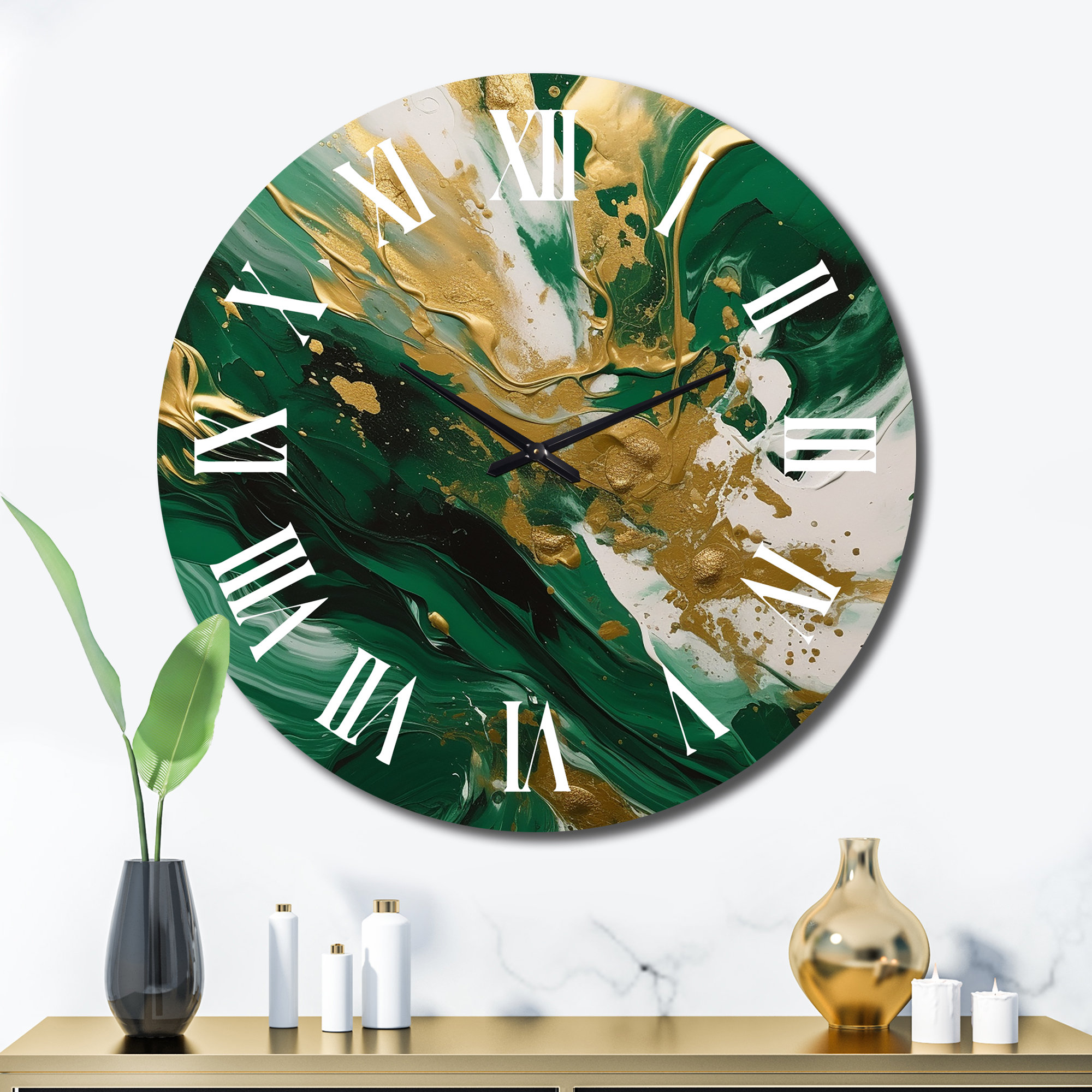 Design Art Green Gold Serene Cascade II Metal Wall Clock | Wayfair