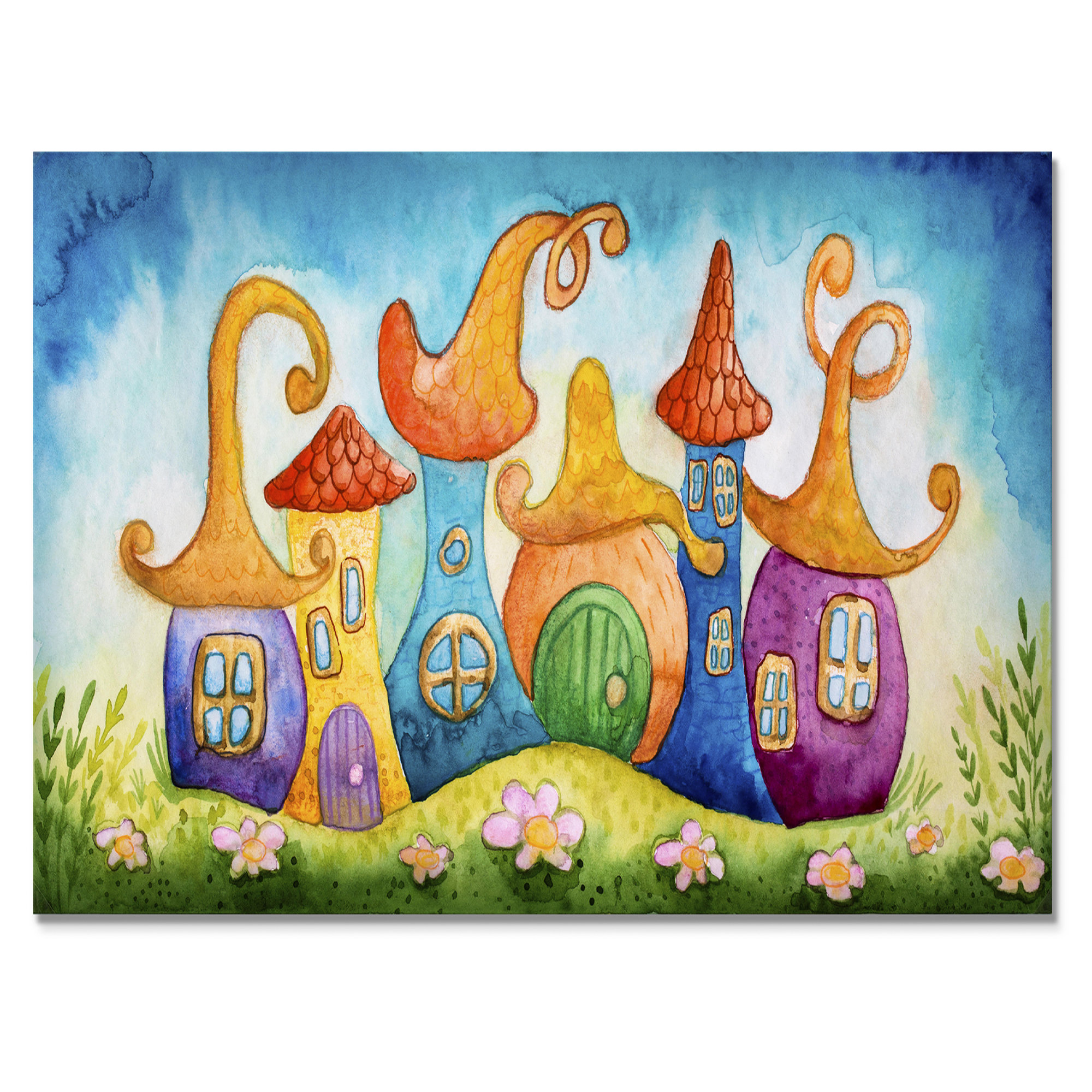 East Urban Home Fairy Tale Houses In Blue And Orange - Print on Canvas ...