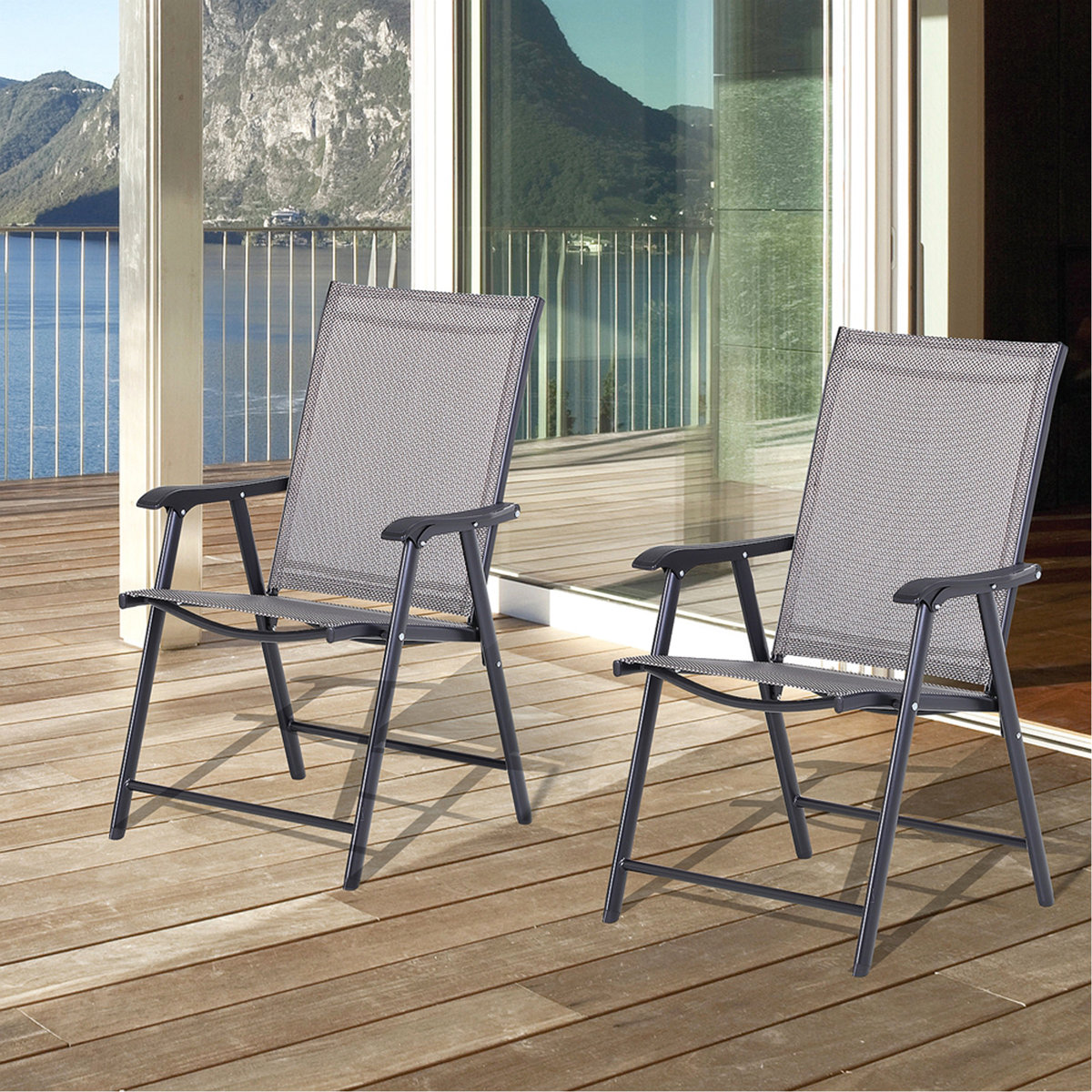 Ebern Designs Set Of 2 Patio Folding Chairs, Stackable Outdoor Sling ...