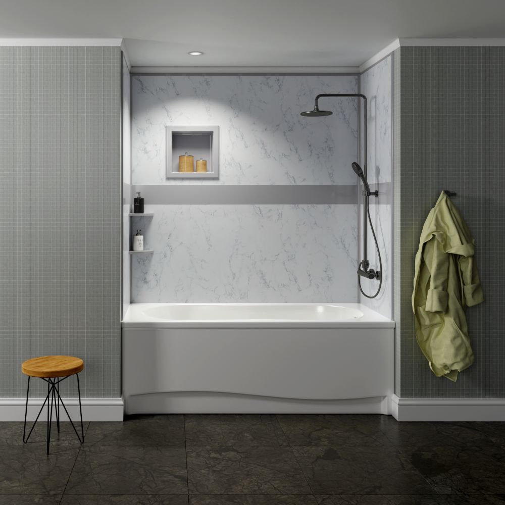 Bella CORE White Carrara Tub and Shower Surround with Gray Design Strip ...