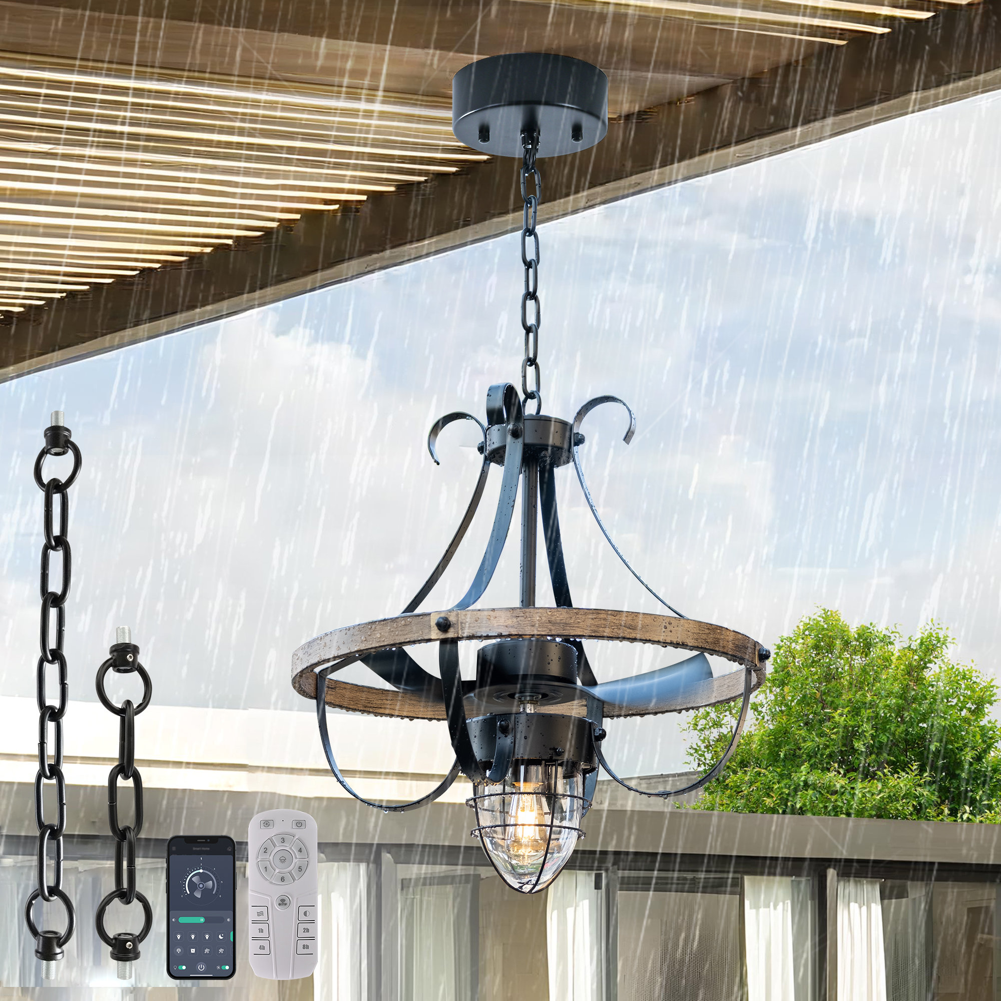 ganeed 33.46" IP44 Waterproof Outdoor Farmhouse Caged Ceiling Fan With ...