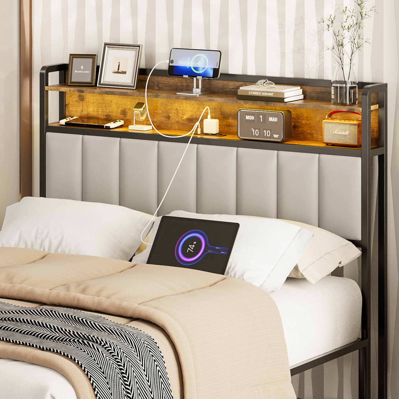 Wrought Studio Idrish Upholstered Storage Headboard With Led Lights And ...