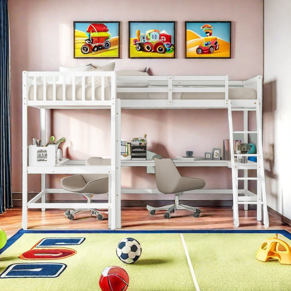 Harriet Bee Wood Twin Size L-Shaped Loft Bed With Ladder And 2 Built-In ...