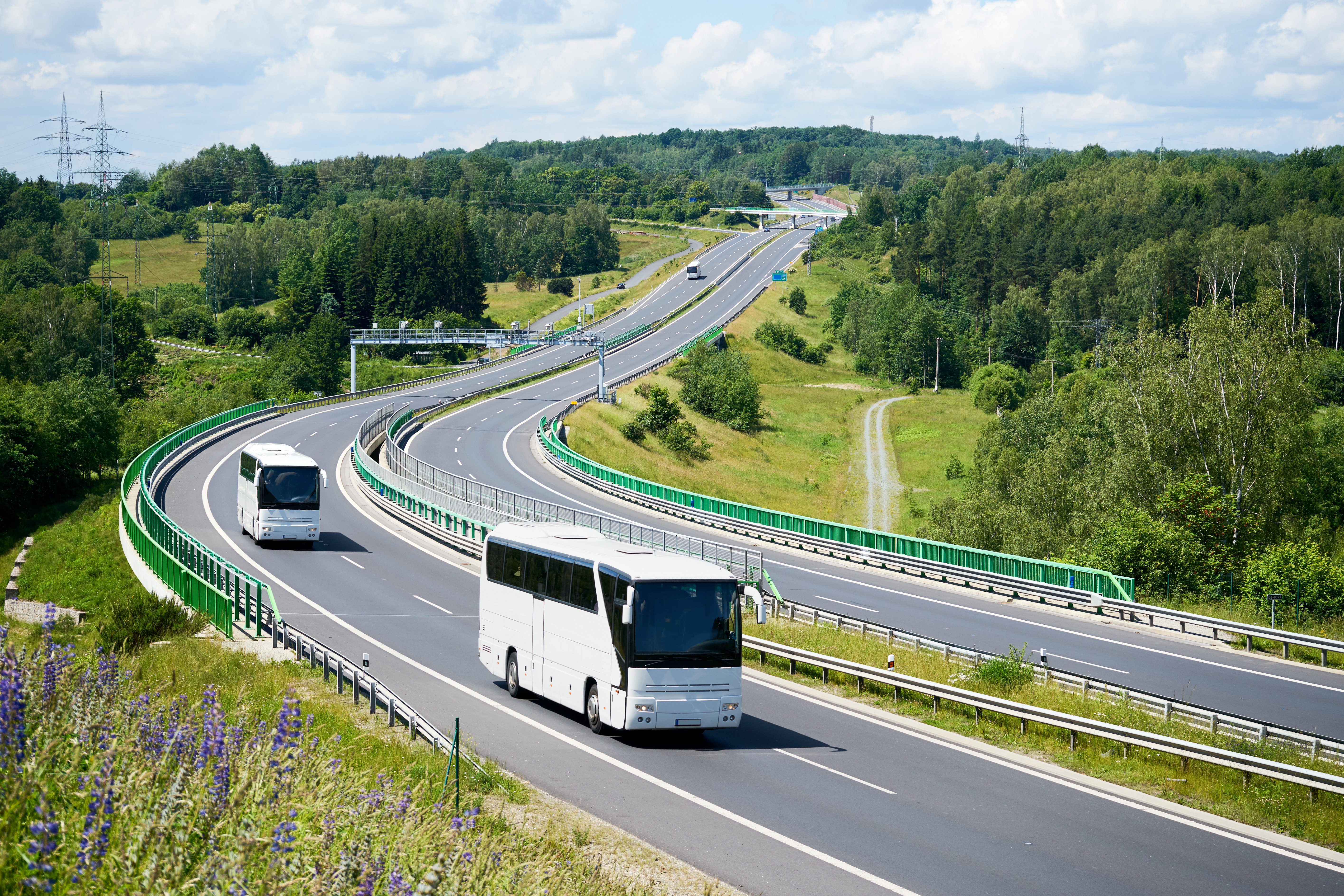 Ebern Designs White Buses on Highway - Wrapped Canvas Photograph | Wayfair