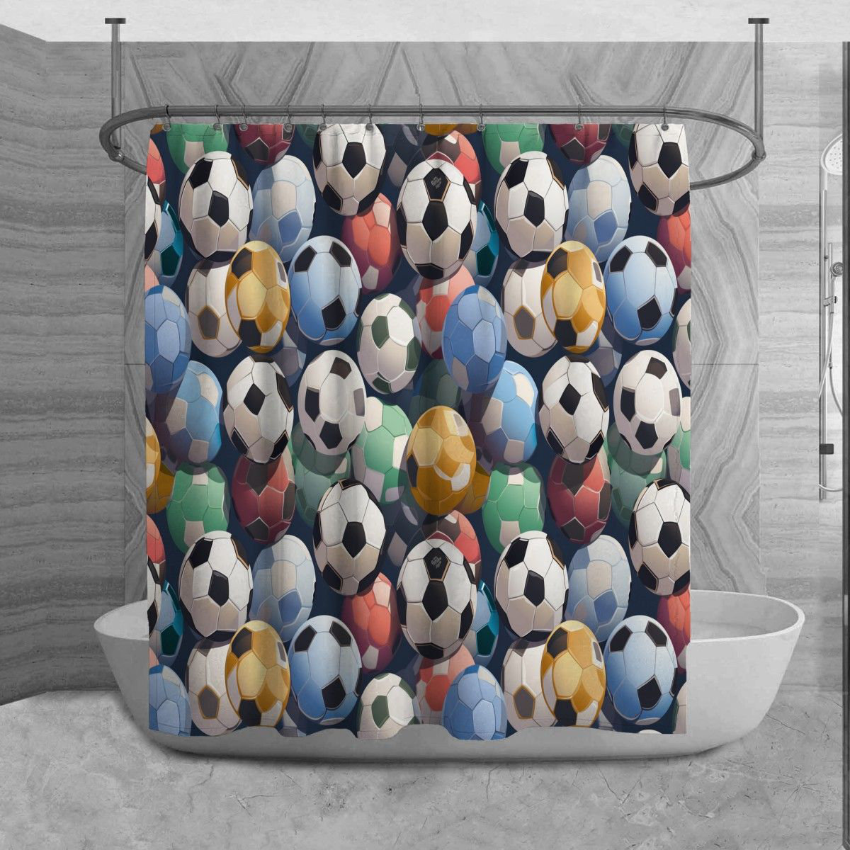 East Urban Home Soccer Balls Shower Curtain Sports Bath Mat White ...