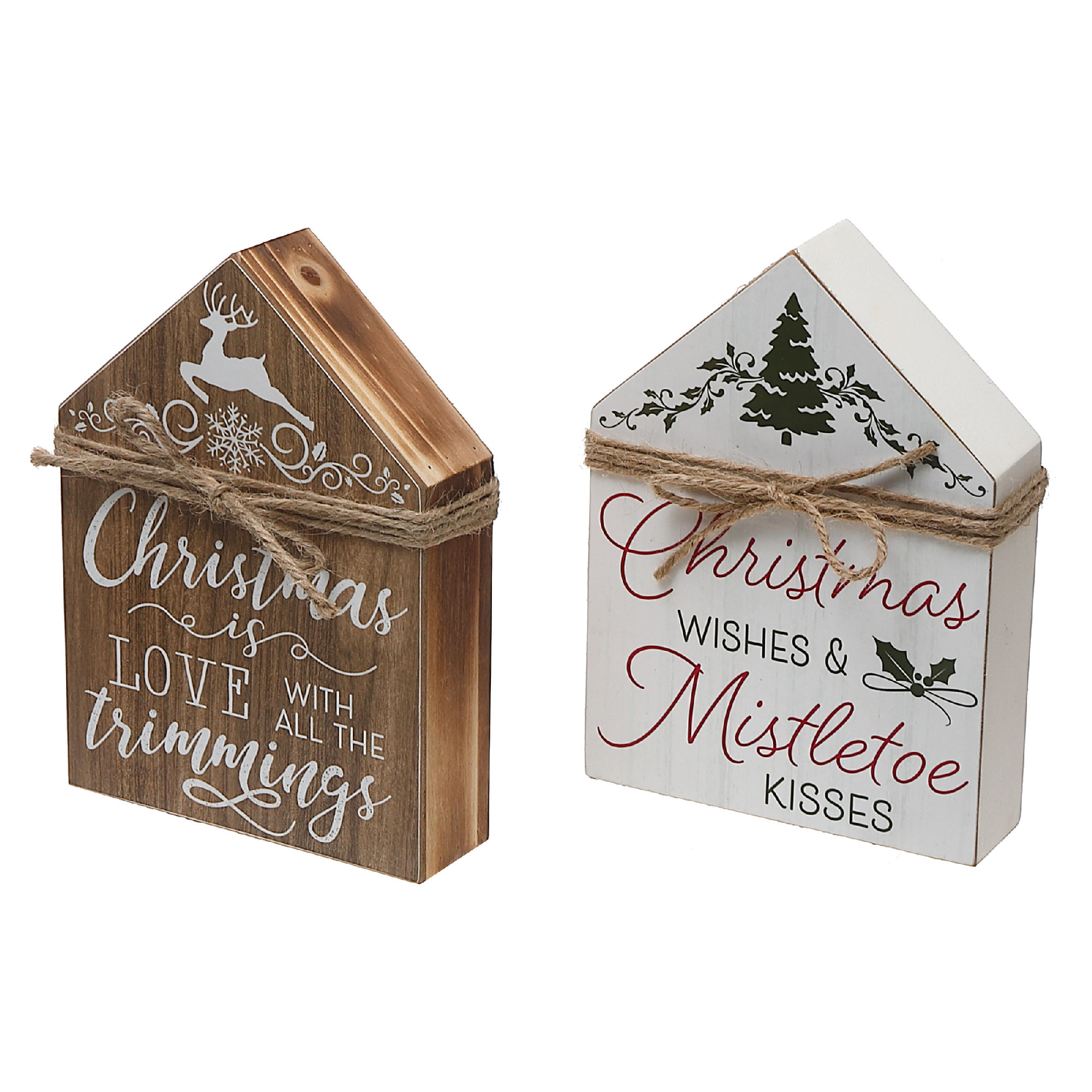 iH casadécor Christmas House Shaped Wood Block With Ribbon - Set Of 2 ...